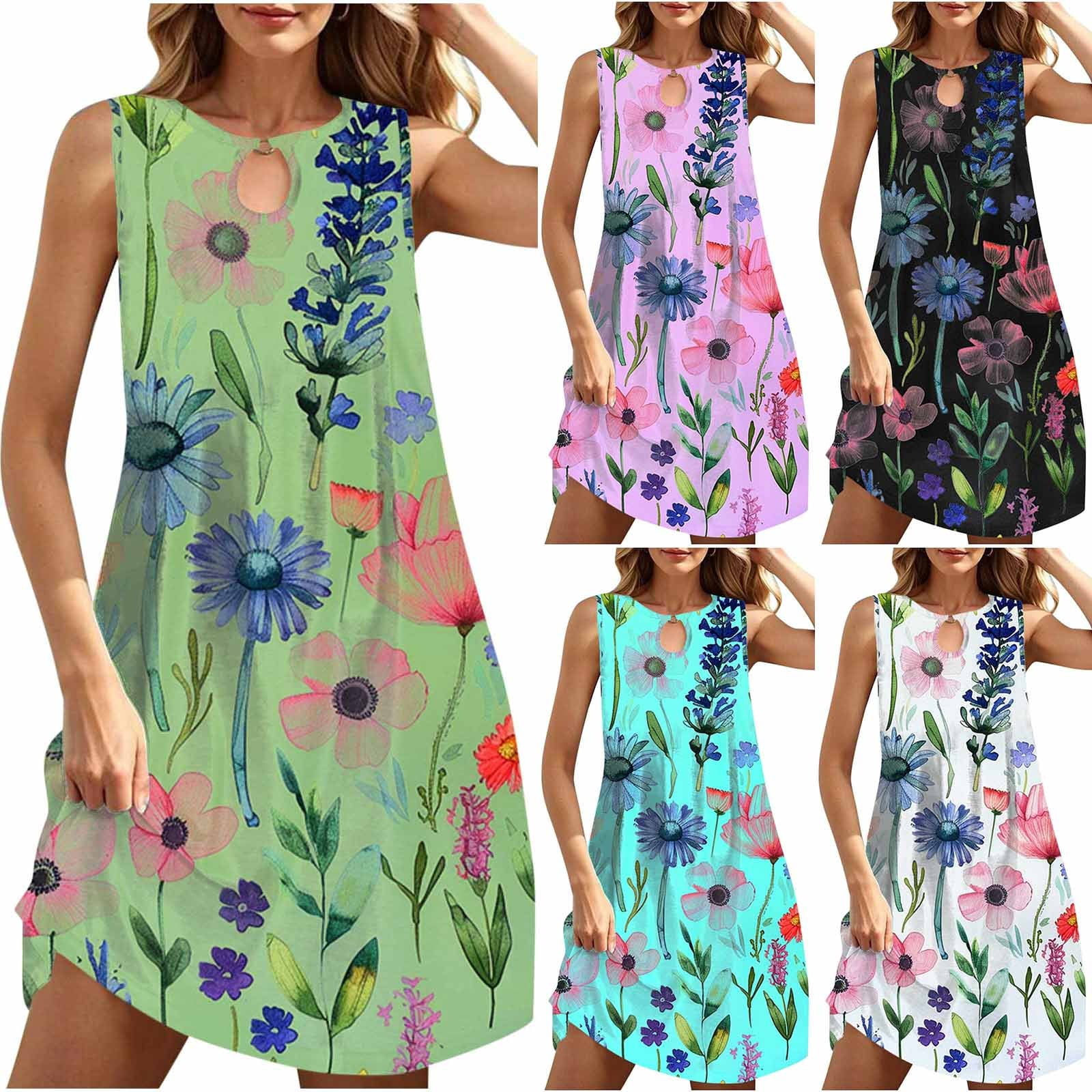 VBTAPA Summer Dresses for Women Boho Floral Print Sleeveless Keyhole ...
