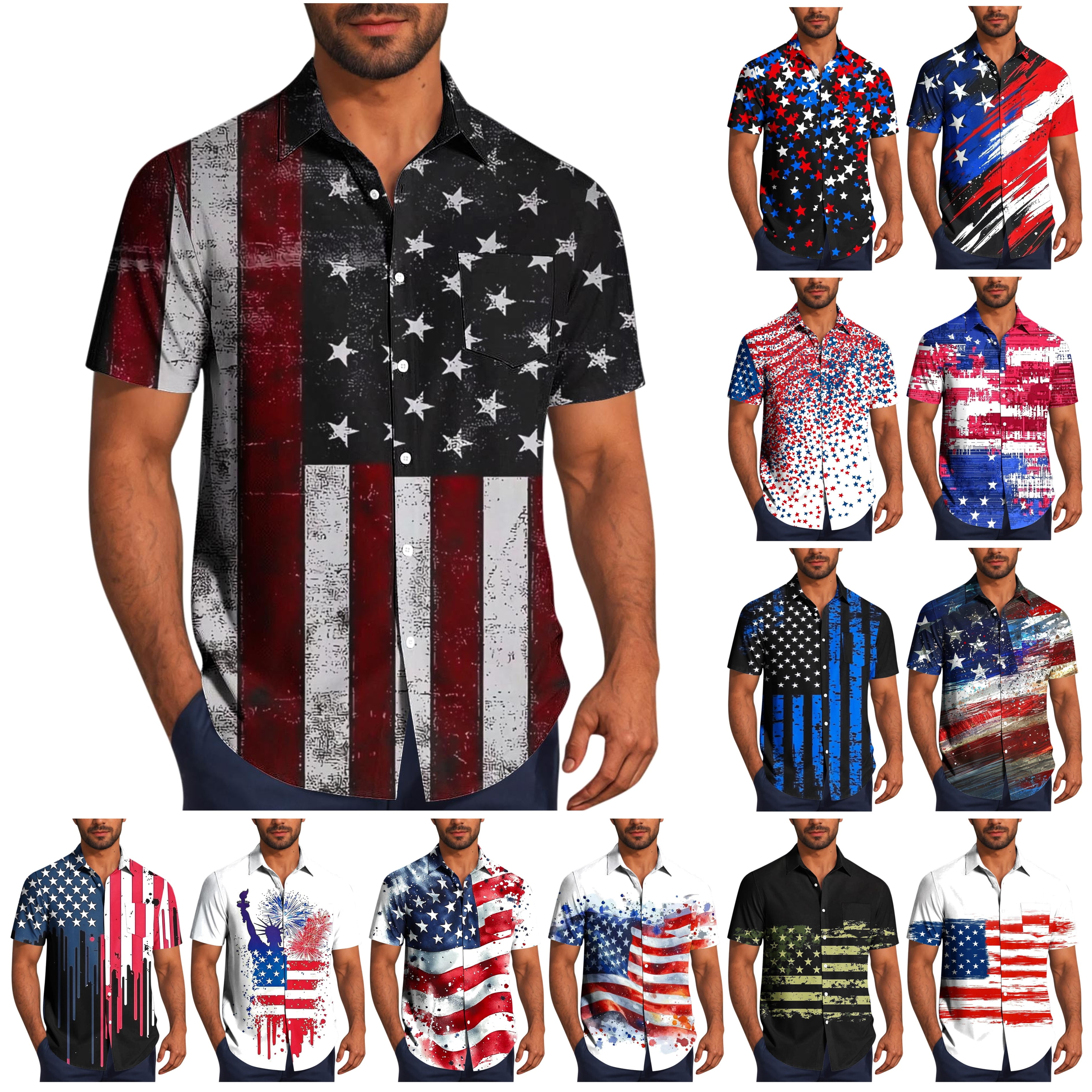 VBTAPA American Flag Hawaiian Shirt for Men USA Star Striped Button ...