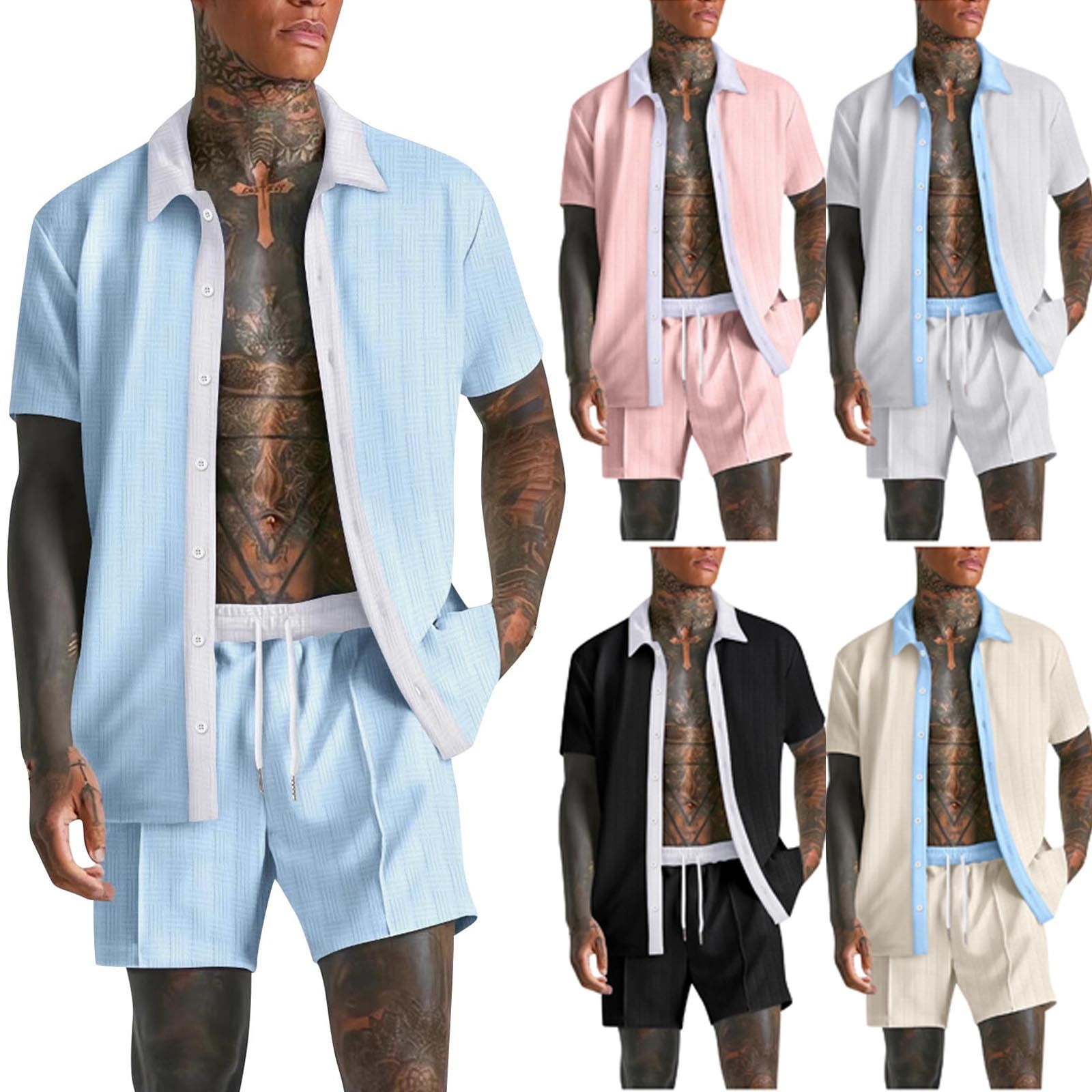 VBTAPA Summer Outfits for Men 2 Piece Short Sleeve Button Down Shirt ...