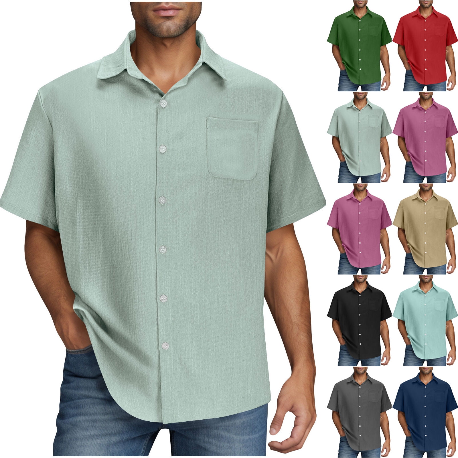 VBTAPA Linen Shirt Men Big and Tall Button Down Shirts Short Sleeve Lapel Tops Summer Casual ...