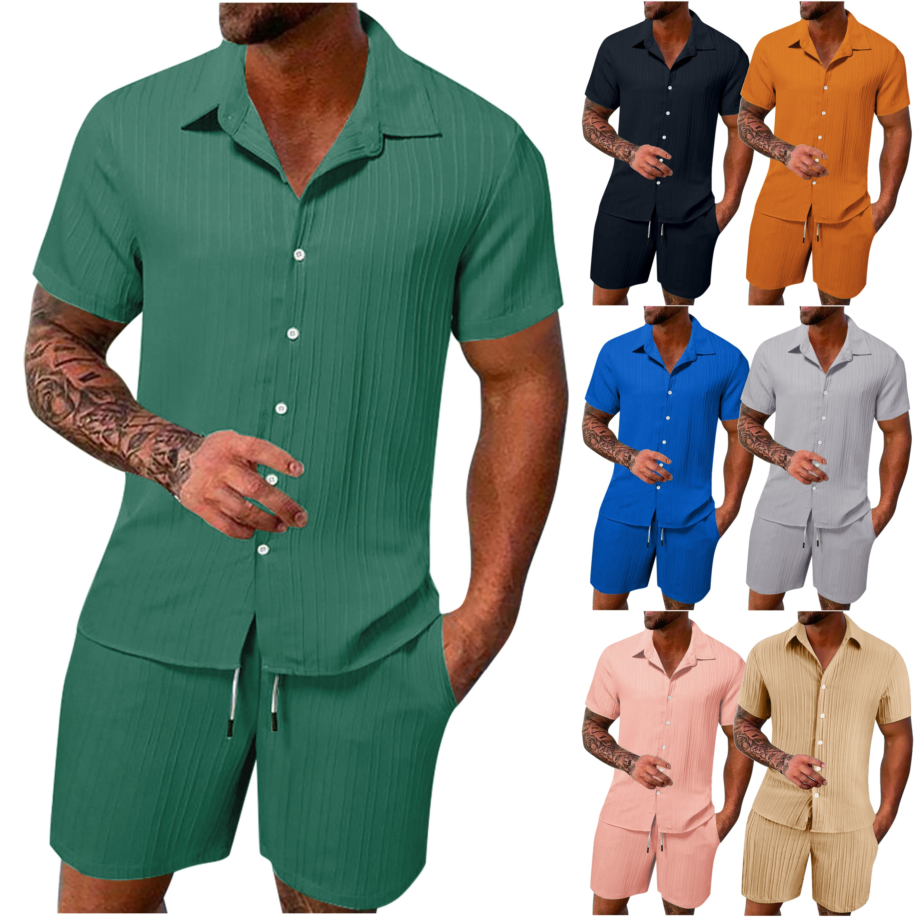 VBTAPA Men's 2 Piece Summer Outfits Casual Beach Suit Breathable Comfy Cotton Linen Shirts and ...