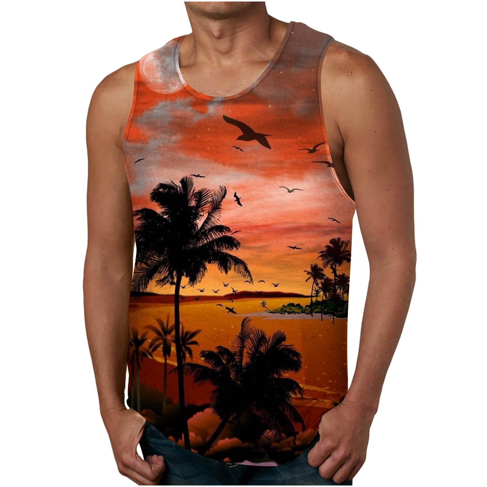 VBTAPA Men's Hawaii Beach Tank Top Sleeveless Palm Tree Print Shirt ...