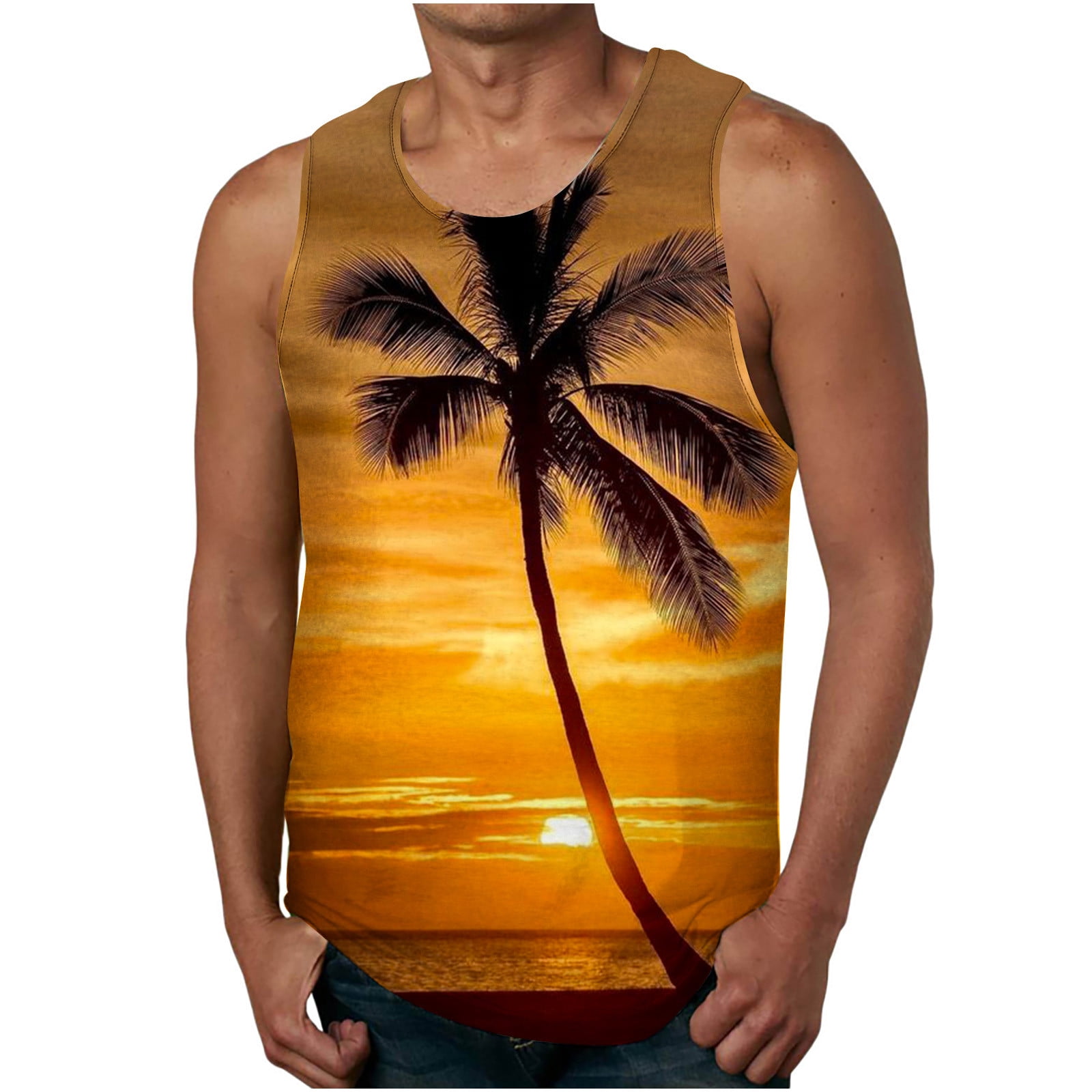 VBTAPA Men's Hawaii Beach Tank Top Sleeveless Palm Tree Print Shirt ...