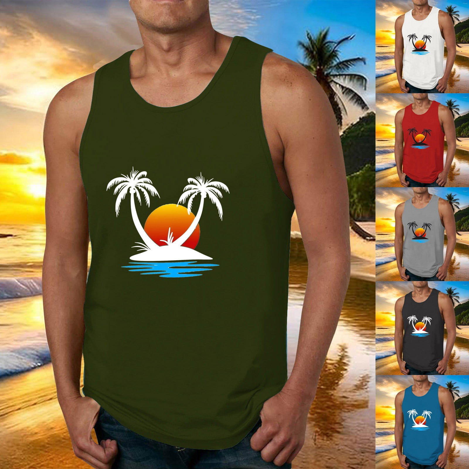 VBTAPA Men's Hawaiian Tank Top Sleeveless Palm Tree Graphic Tees Summer ...