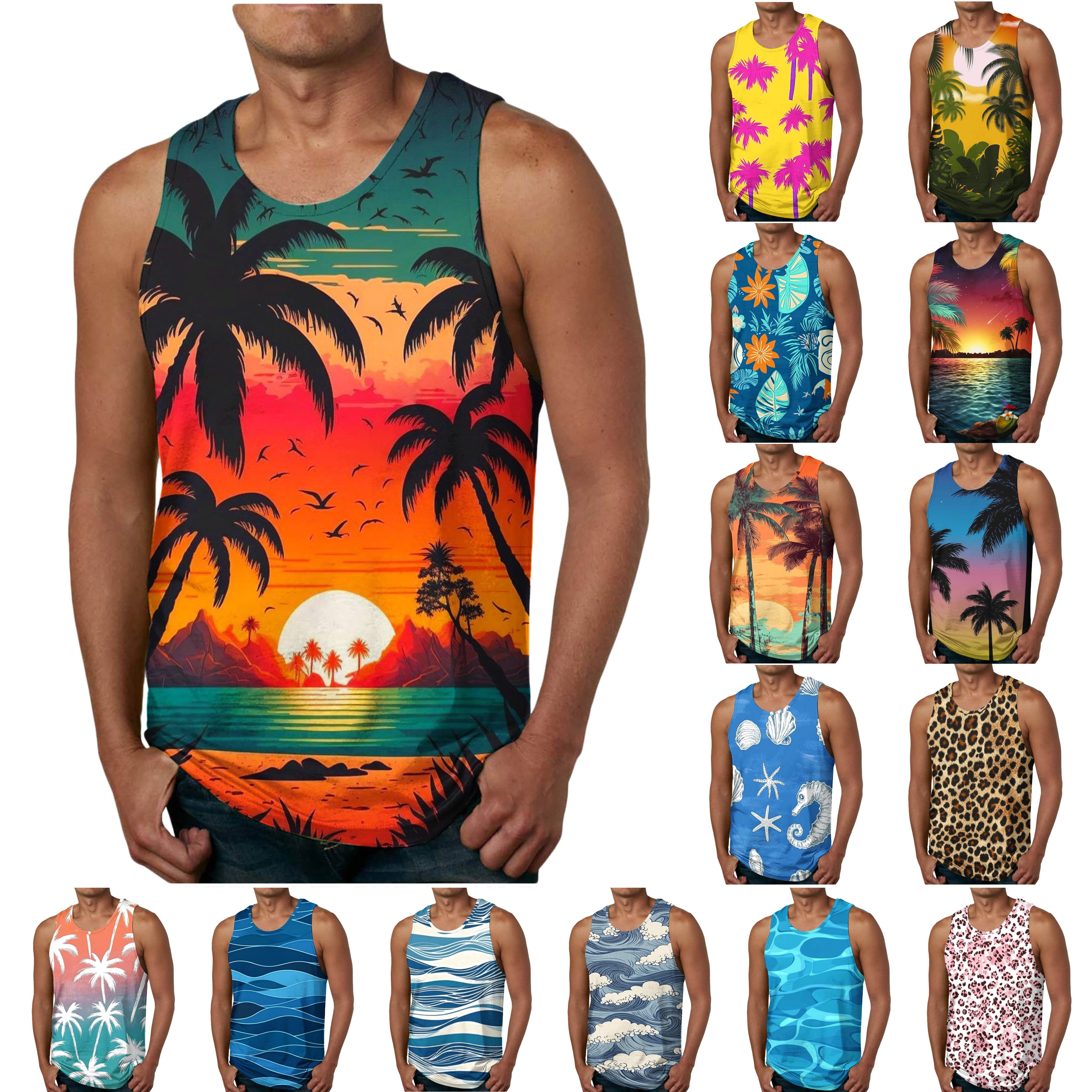 VBTAPA Men's Hawaiian Tank Tops Tropical Floral Beach Top Sleeveless ...