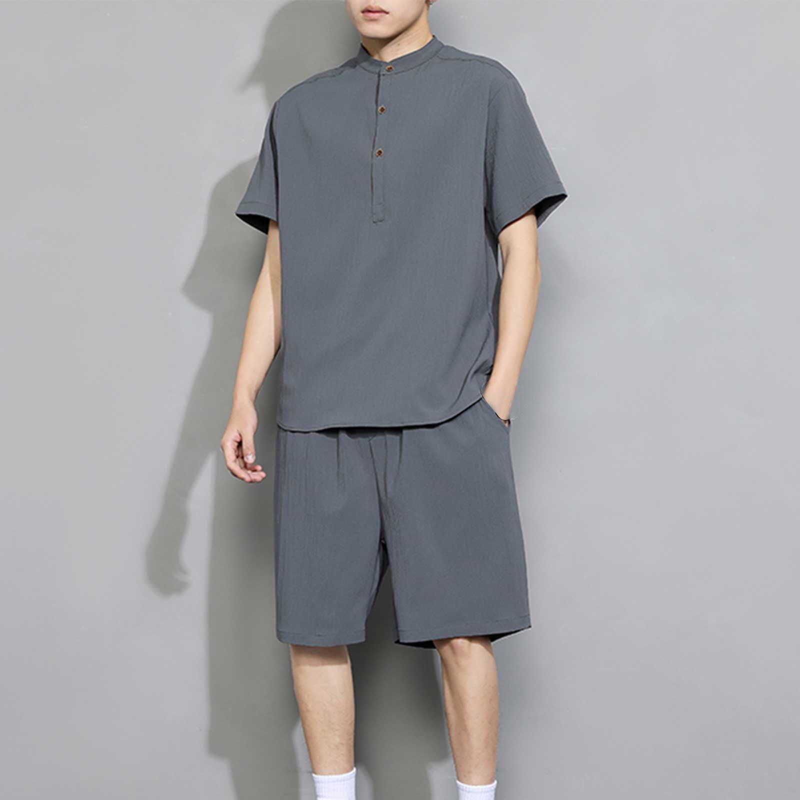 VBTAPA Men's Linen Shirt and Shorts Set Short Sleeve Collared T-shirt ...