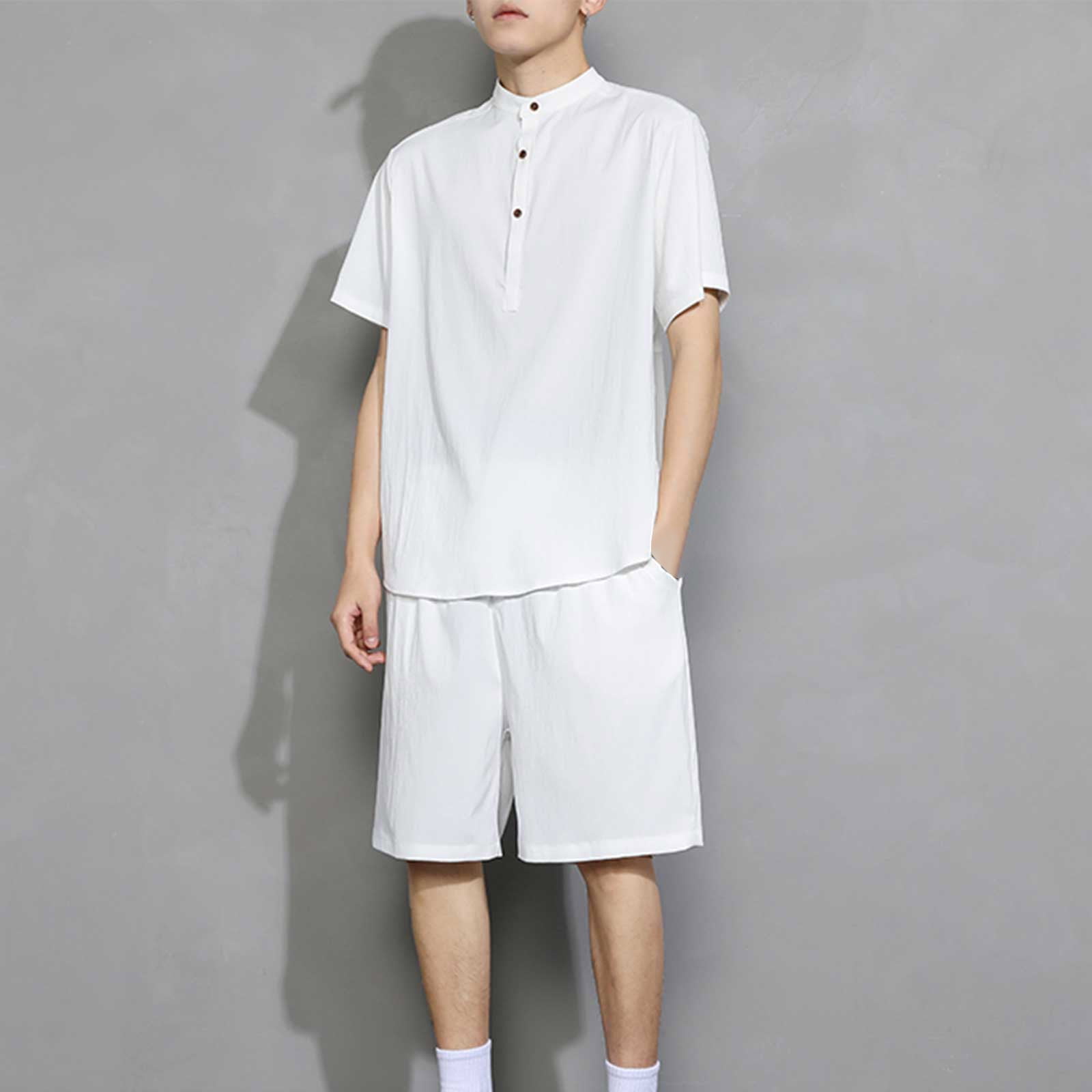 VBTAPA Men's Linen Shirt and Shorts Set Short Sleeve Collared T-shirt ...