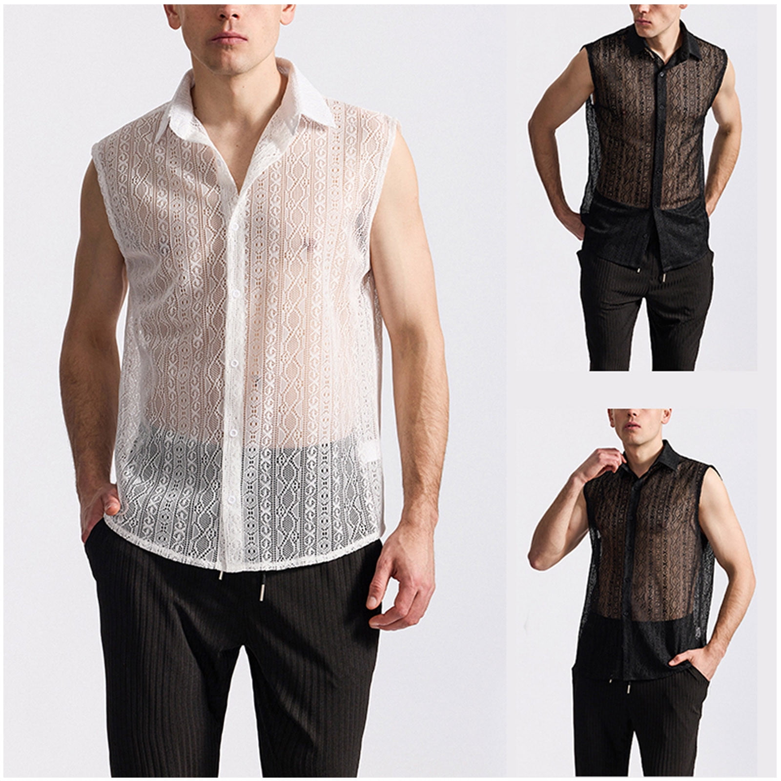 VBTAPA Mens Floral Lace Shirt Sleeveless See Through Button Down Shirts ...