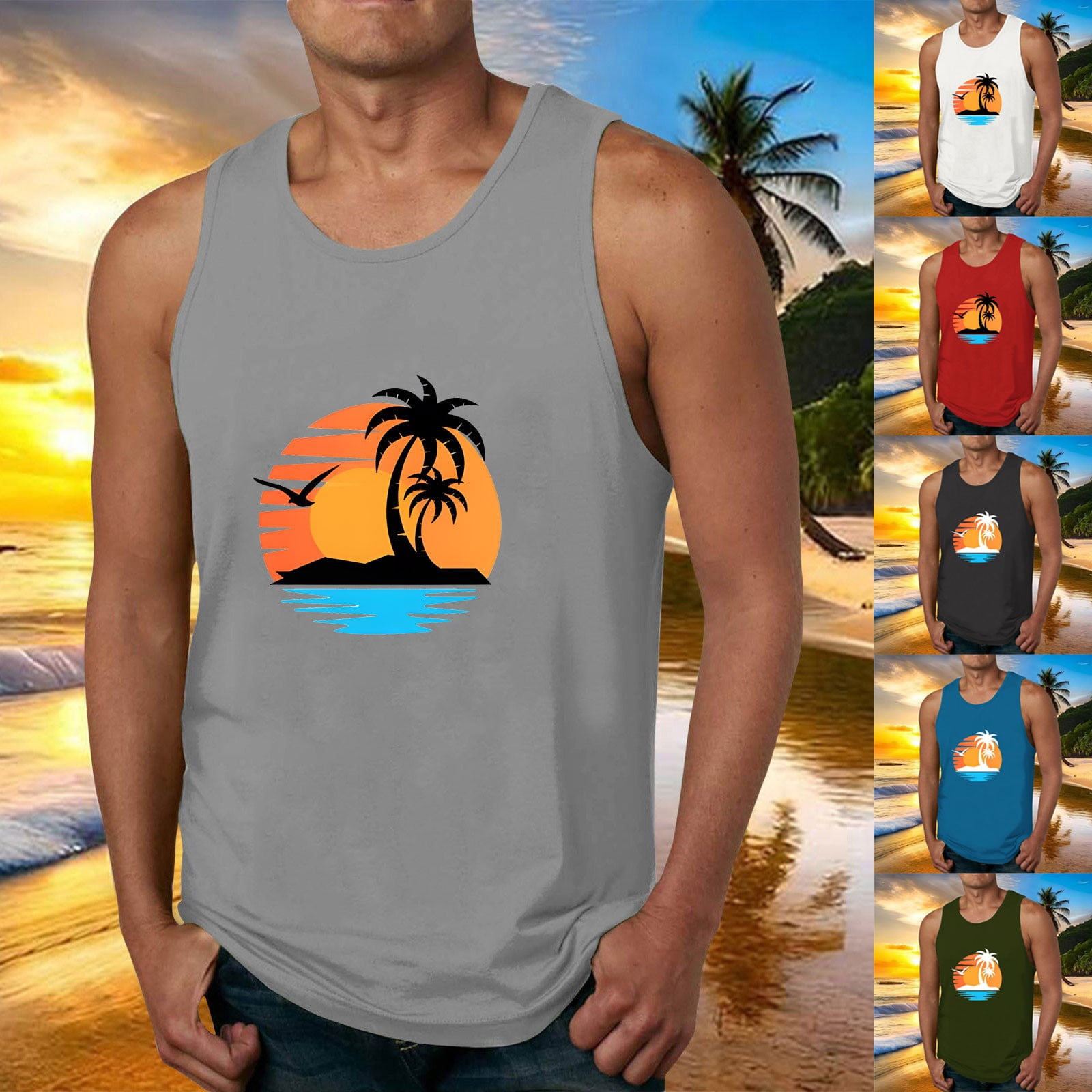 VBTAPA Mens Hawaiian Beach Tank Tops Summer Vacation Muscle Top Palm Tree Graphic Sleeveless ...