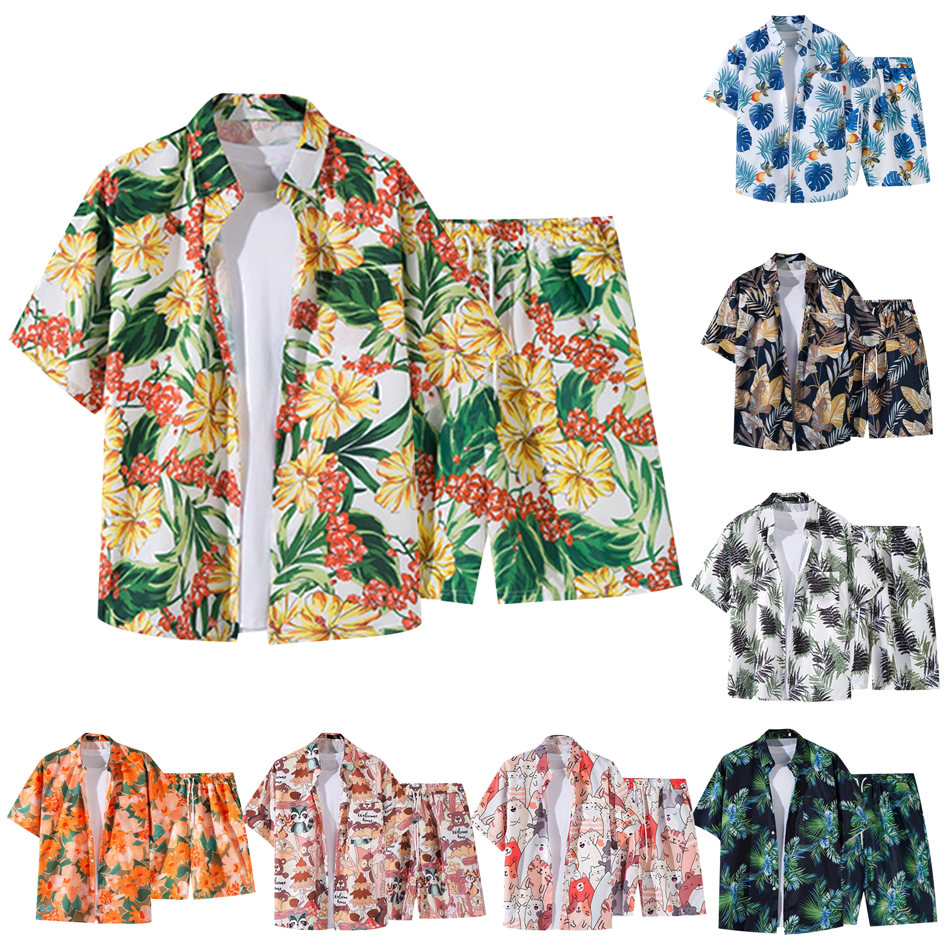VBTAPA Mens Hawaiian Matching Set Tropical Summer Beach 2 Piece Outfits ...