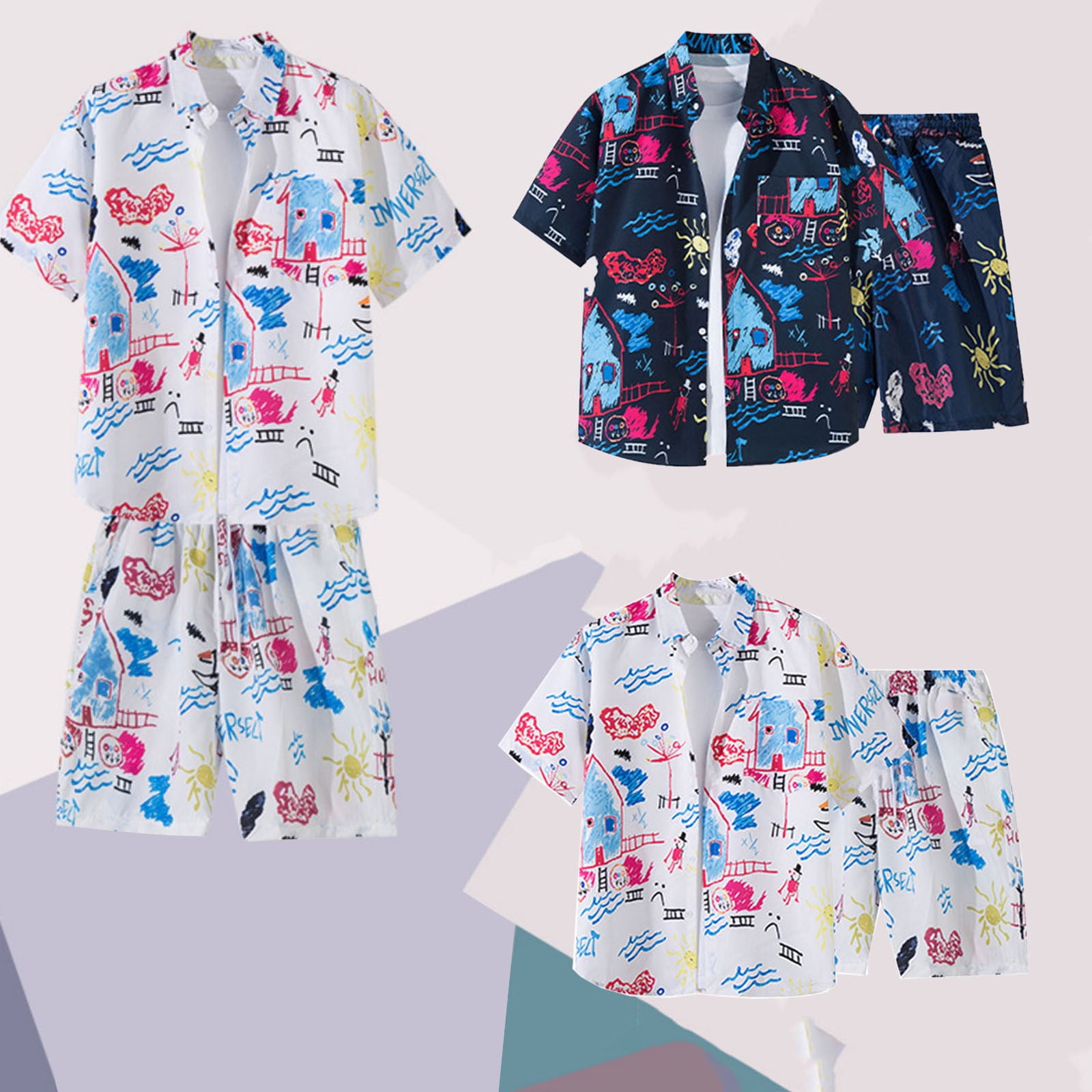 VBTAPA Mens Hawaiian Matching Set Tropical Summer Beach 2 Piece Outfits ...