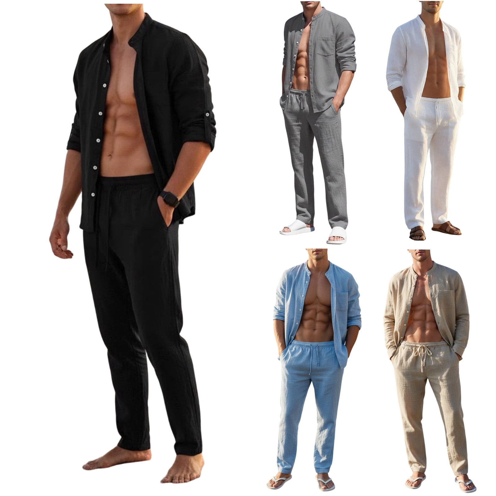 VBTAPA Mens Linen Sets 2 Piece Outfits Long Sleeve Beach Vacation Set ...