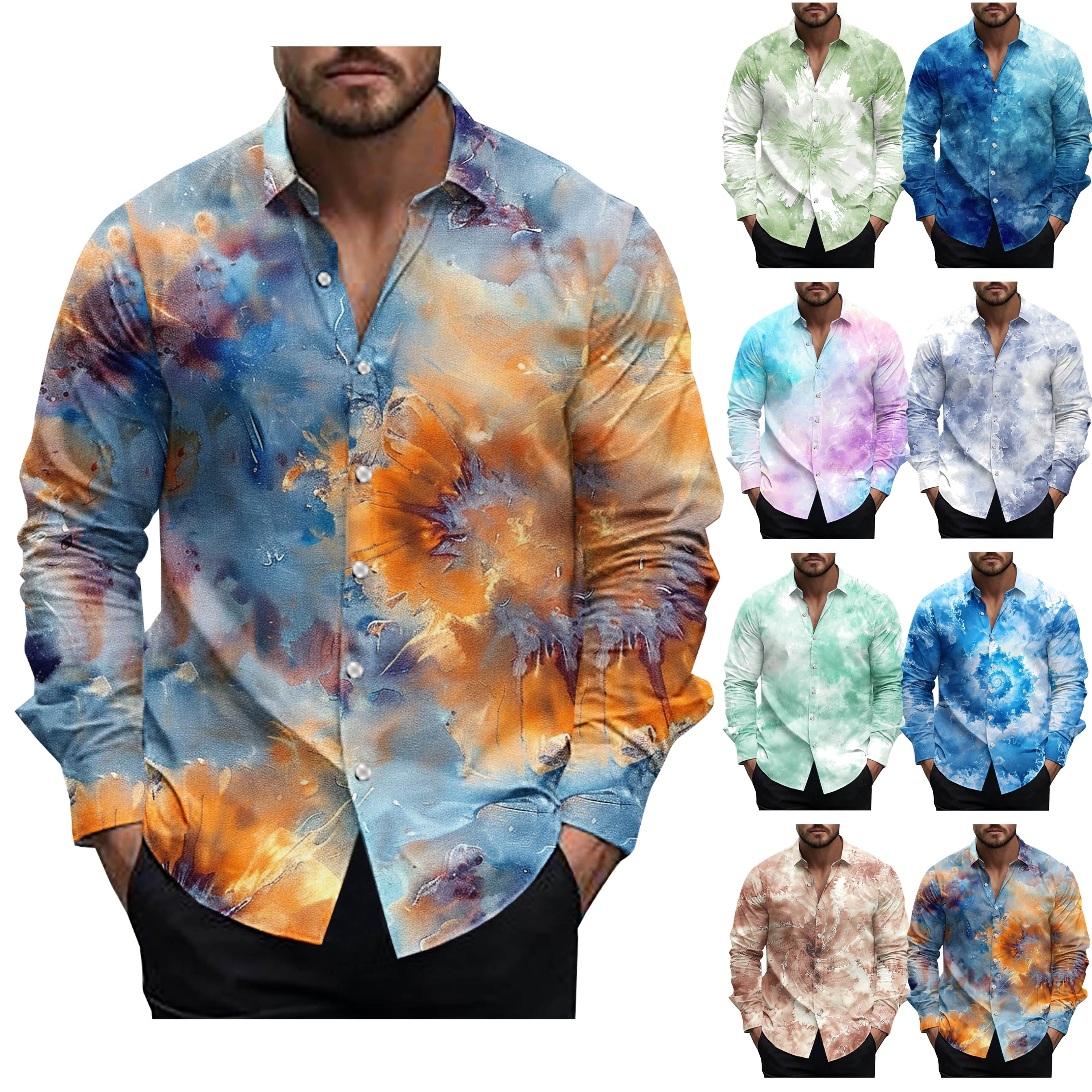 VBTAPA Mens Long Sleeve Dress Shirt Tie Dye Print Casual Button Down ...