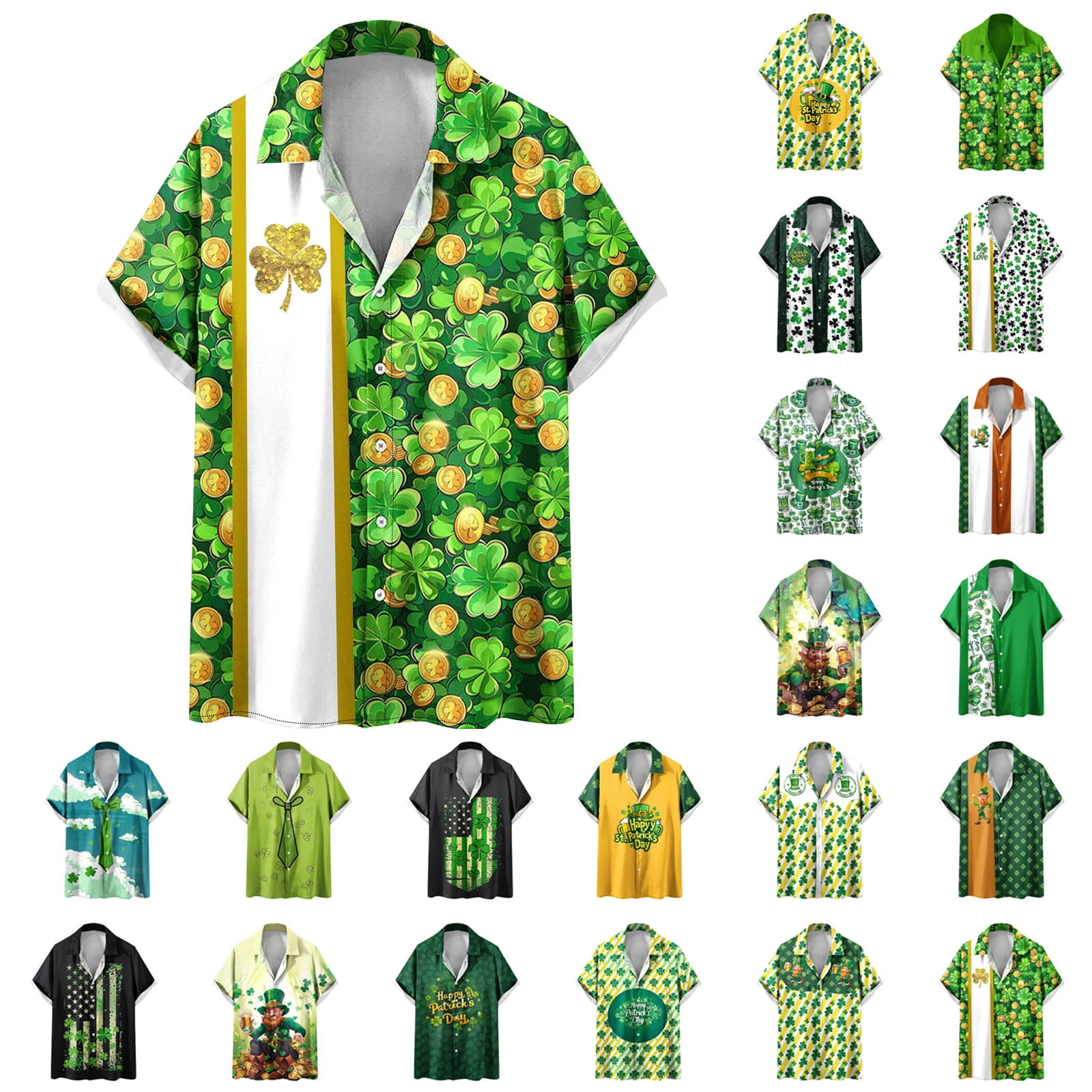 VBTAPA Mens Short Sleeve Hawaiian Shirt Lucky Shamrock American Flag Print Casual Button Down ...