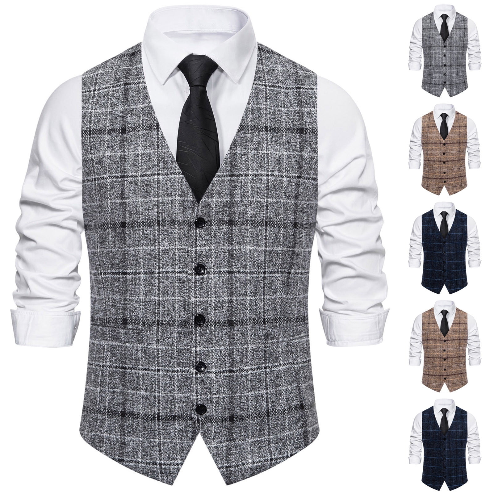 VBTAPA Mens Slim Fit Suit Vest Plaid Waistcoat Business Formal Vests ...