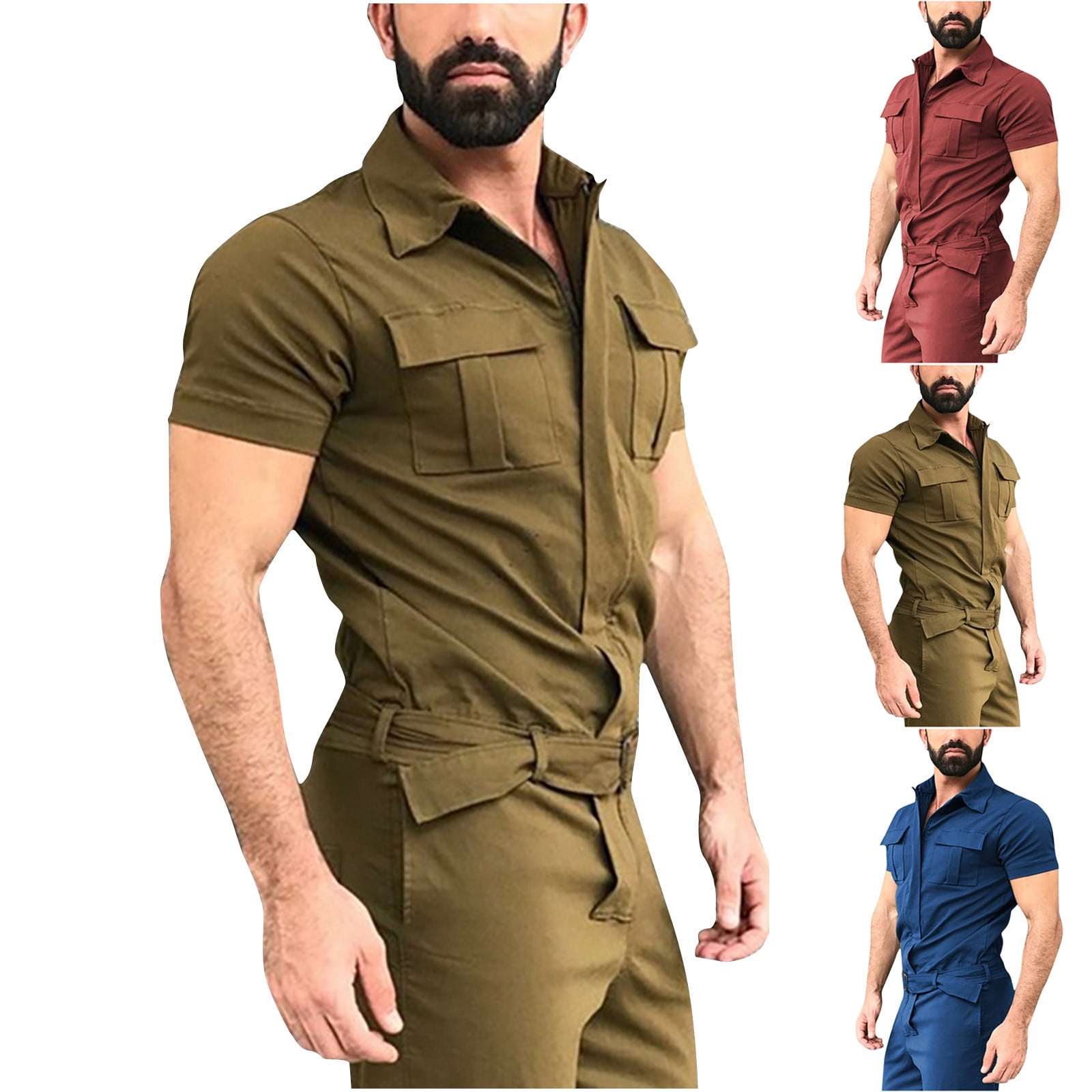 VBTAPA Mens Work Overalls Short Sleeve Zip Up Coverall Solid Basic ...