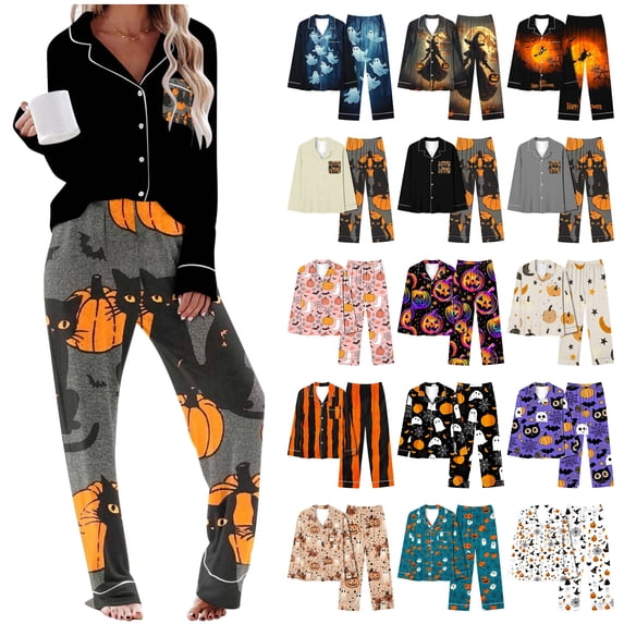 VBTAPA Pajama Set for Women 2 Piece Halloween Ghost Bats Spiderwebs ...