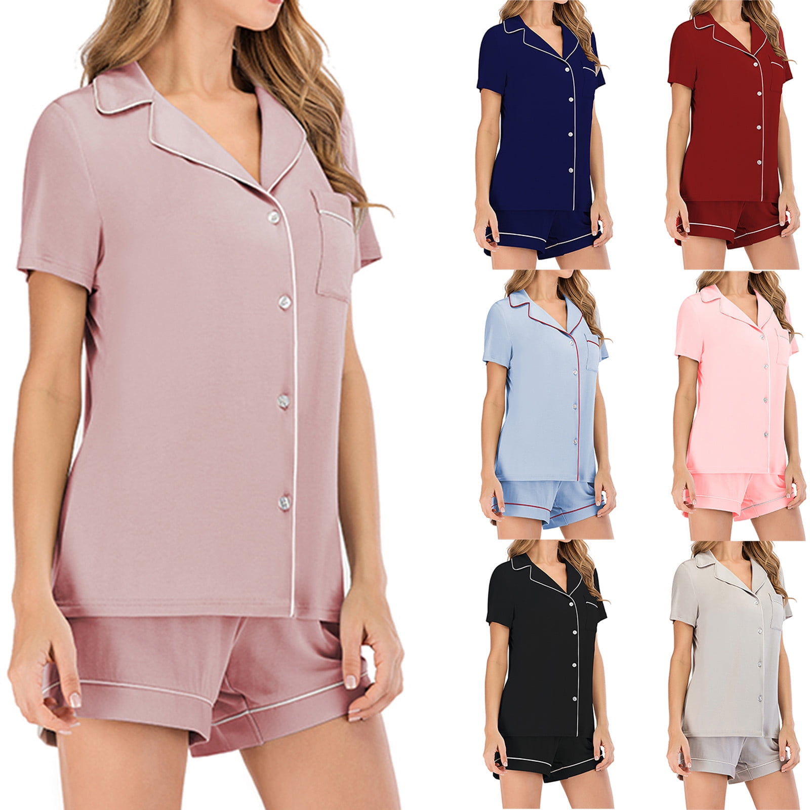 VBTAPA Pajama Set for Women 2 Piece Lounge Set Short Sleeve Button Down ...