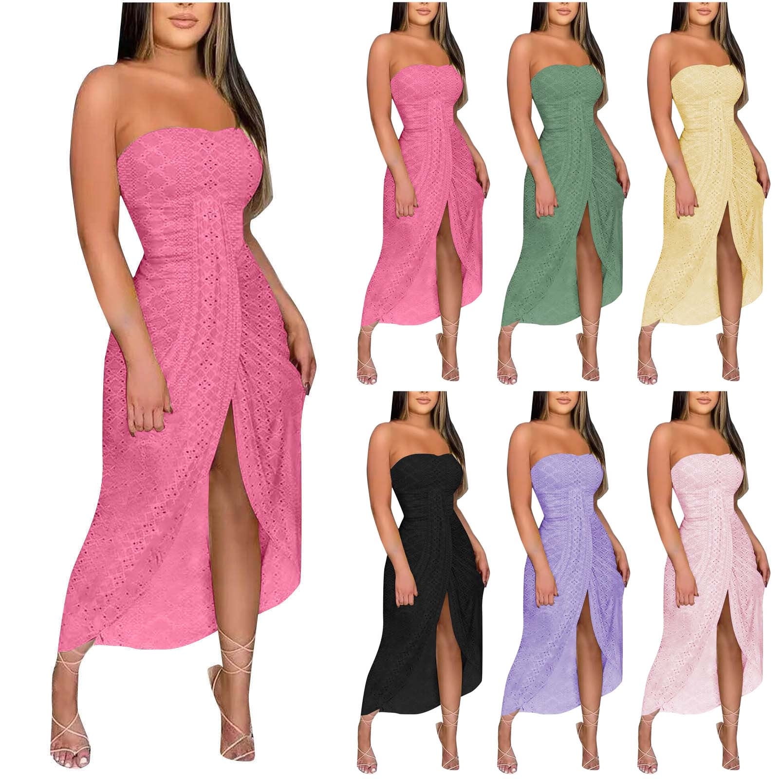 VBTAPA Strapless Ruched Summer Dresses for Women 2025 Trendy Eyelet ...