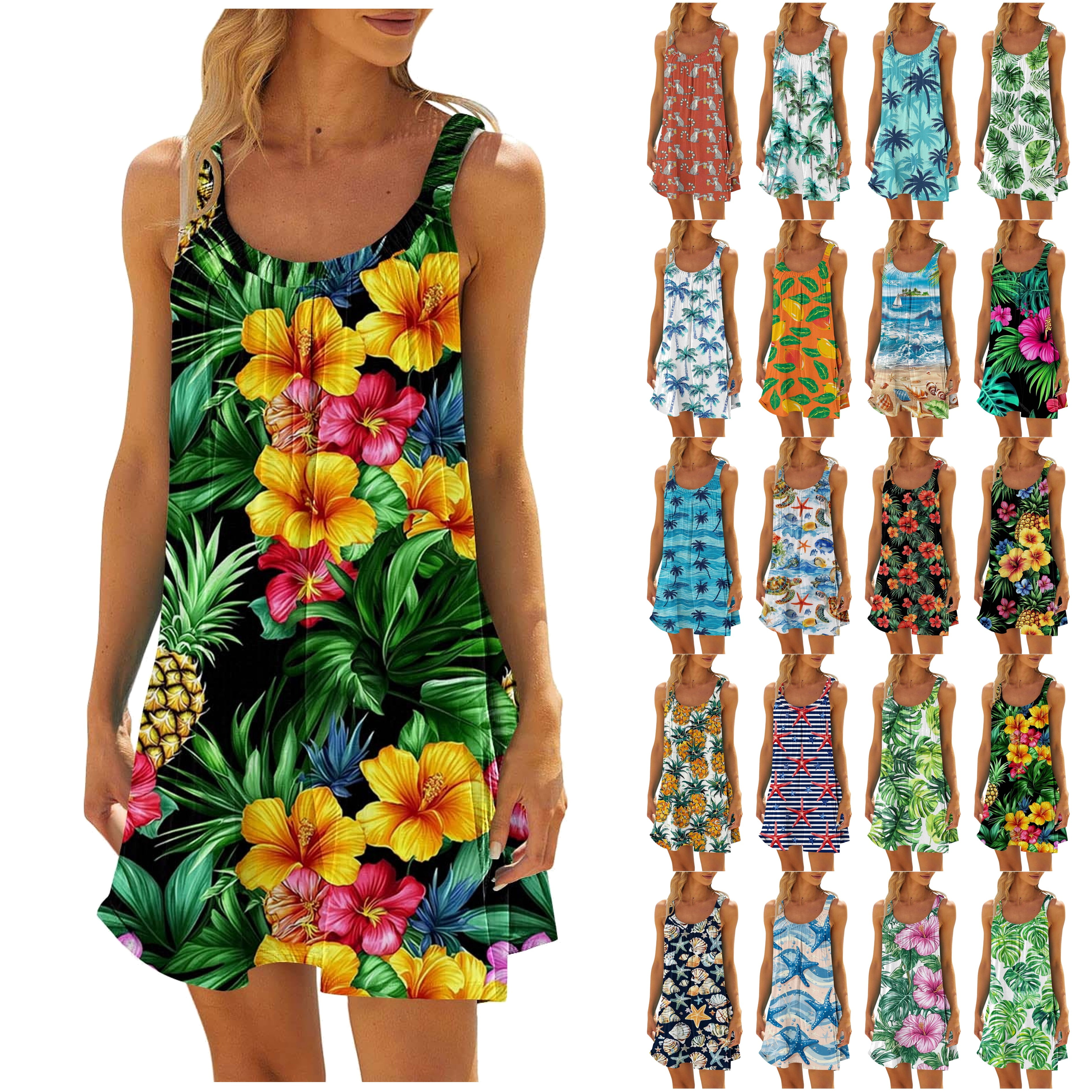 VBTAPA Sundresses for Women Sleeveless Beach Coconut Tree Print Mini ...