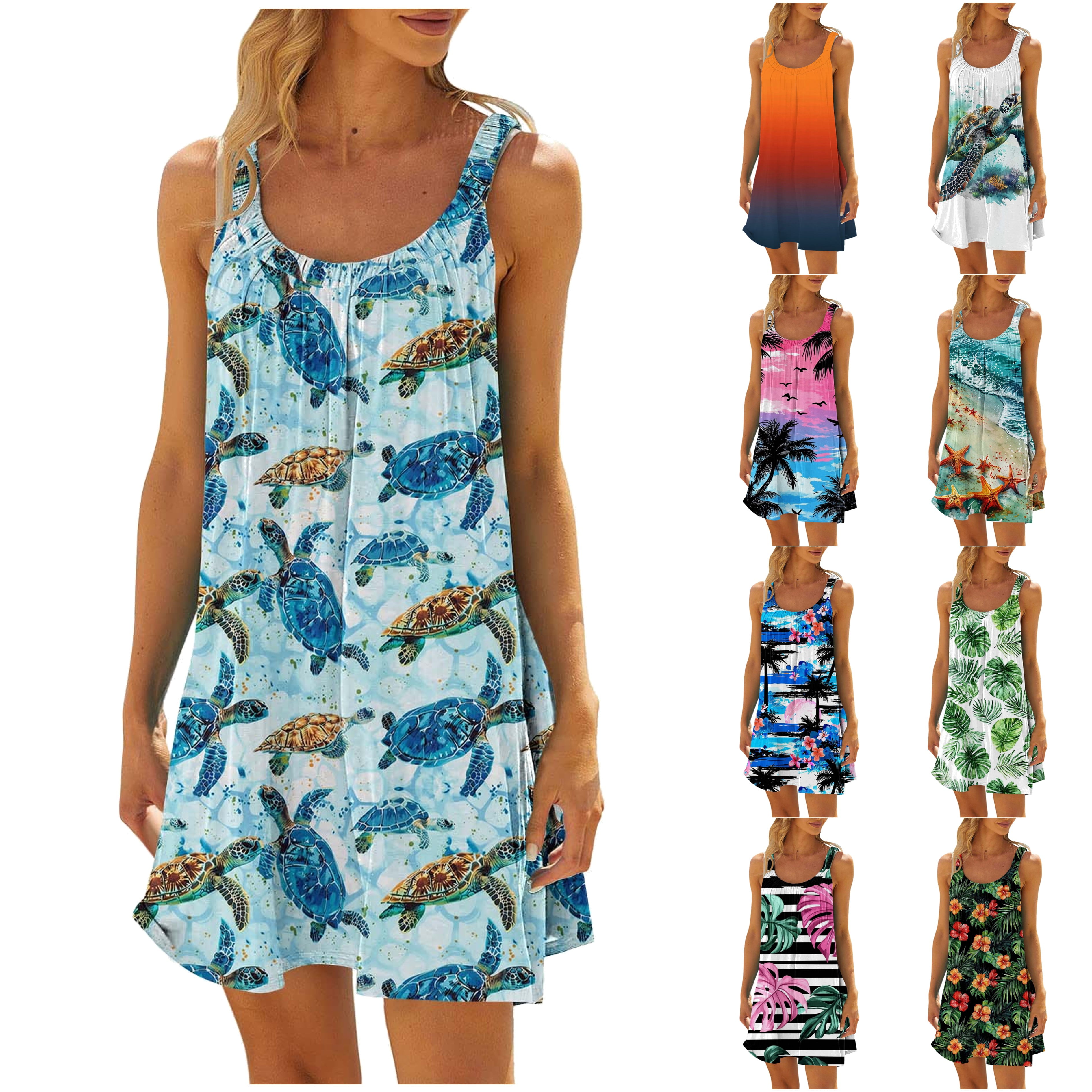 VBTAPA Sundresses for Women Tropical Print Sleeveless Pleated Mini ...