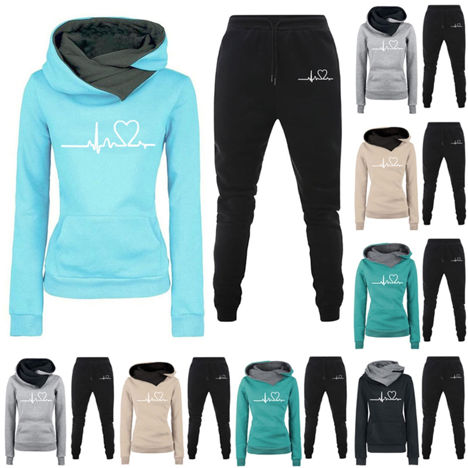VBTAPA Women's Hoodie Sweatsuit Heart Print Hooded Sweatshirt ...