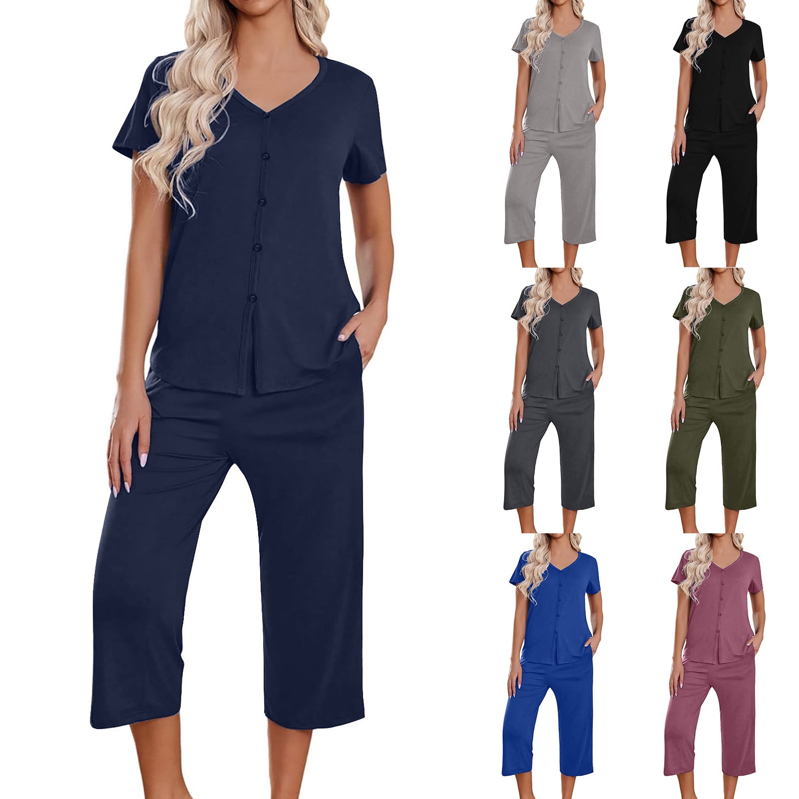 VBTAPA Women's Sleepwear Two-Piece Capri Pajama Sets Short Sleeve ...