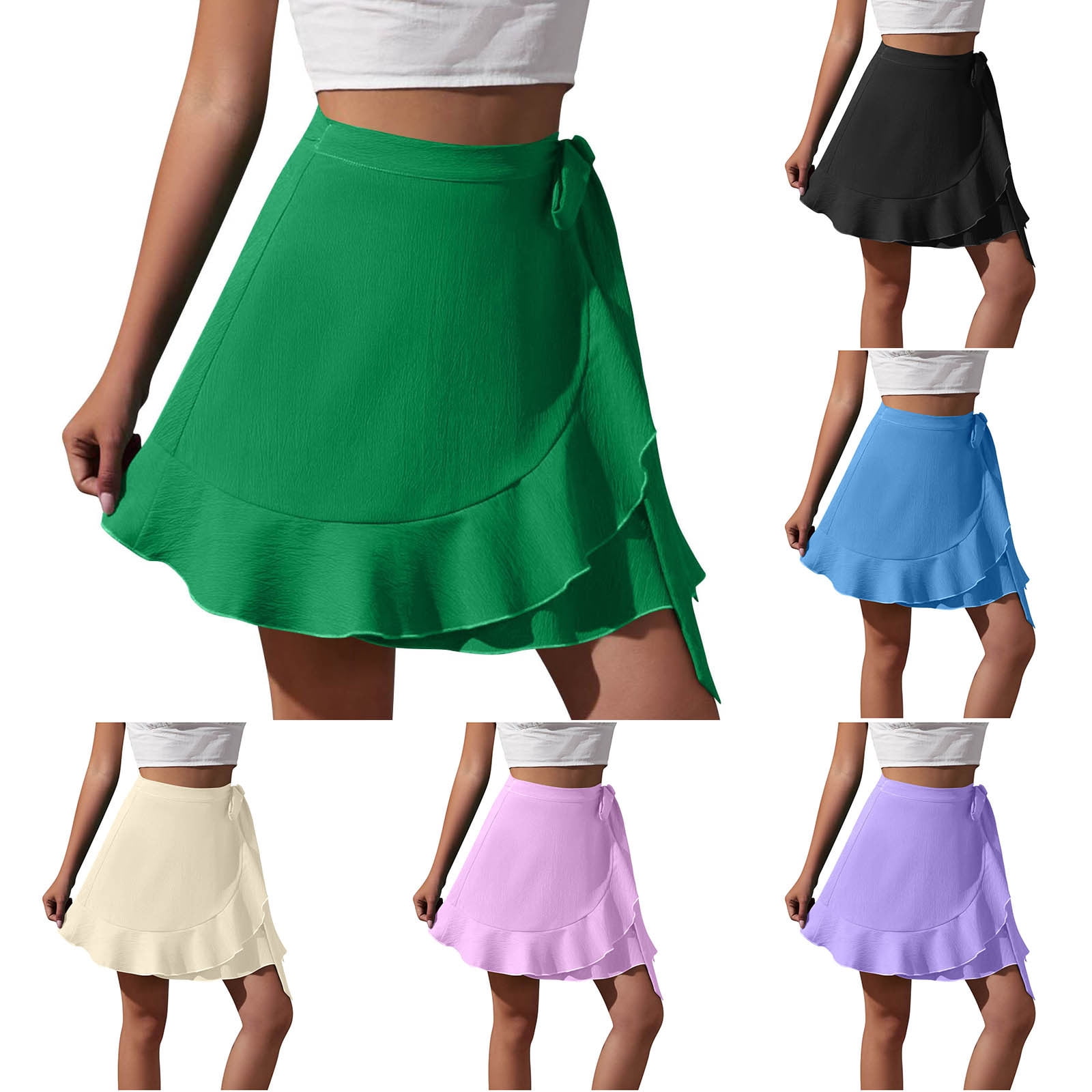 VBTAPA Women's Wrap Mini Skirt High Waist Ruffle Hem Tie Knot Short ...