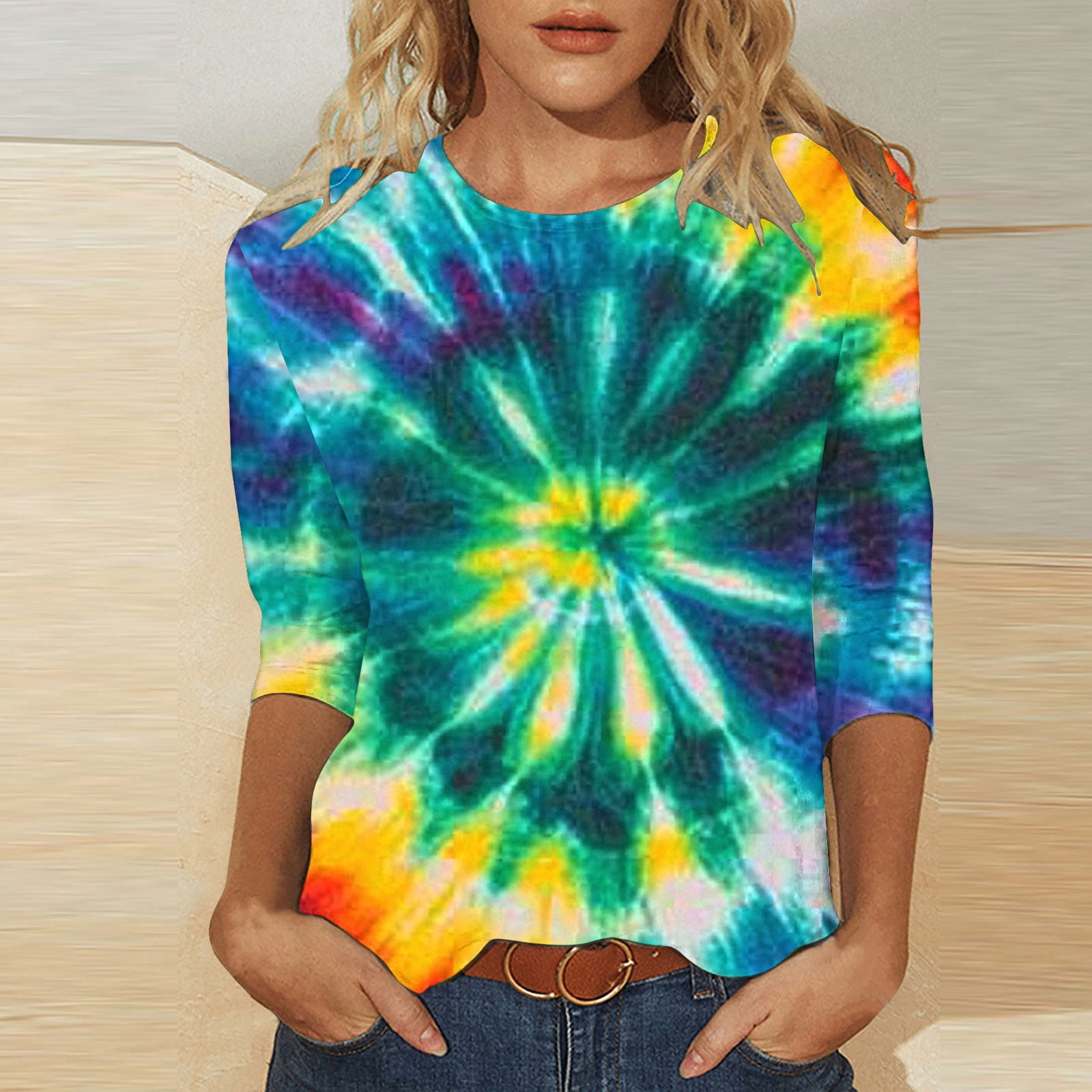 VBTAPA Womens Casual 3/4 Sleeve Round Neck Tops Cute Tie Dye Graphic T ...