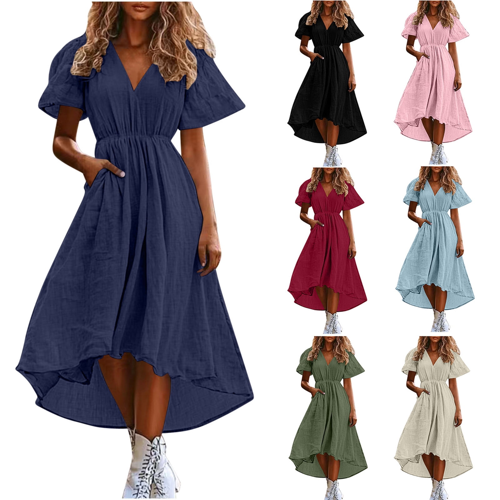 VBTAPA Womens Casual Summer Linen Dresses Ruffled Short Sleeve V-Neck A ...