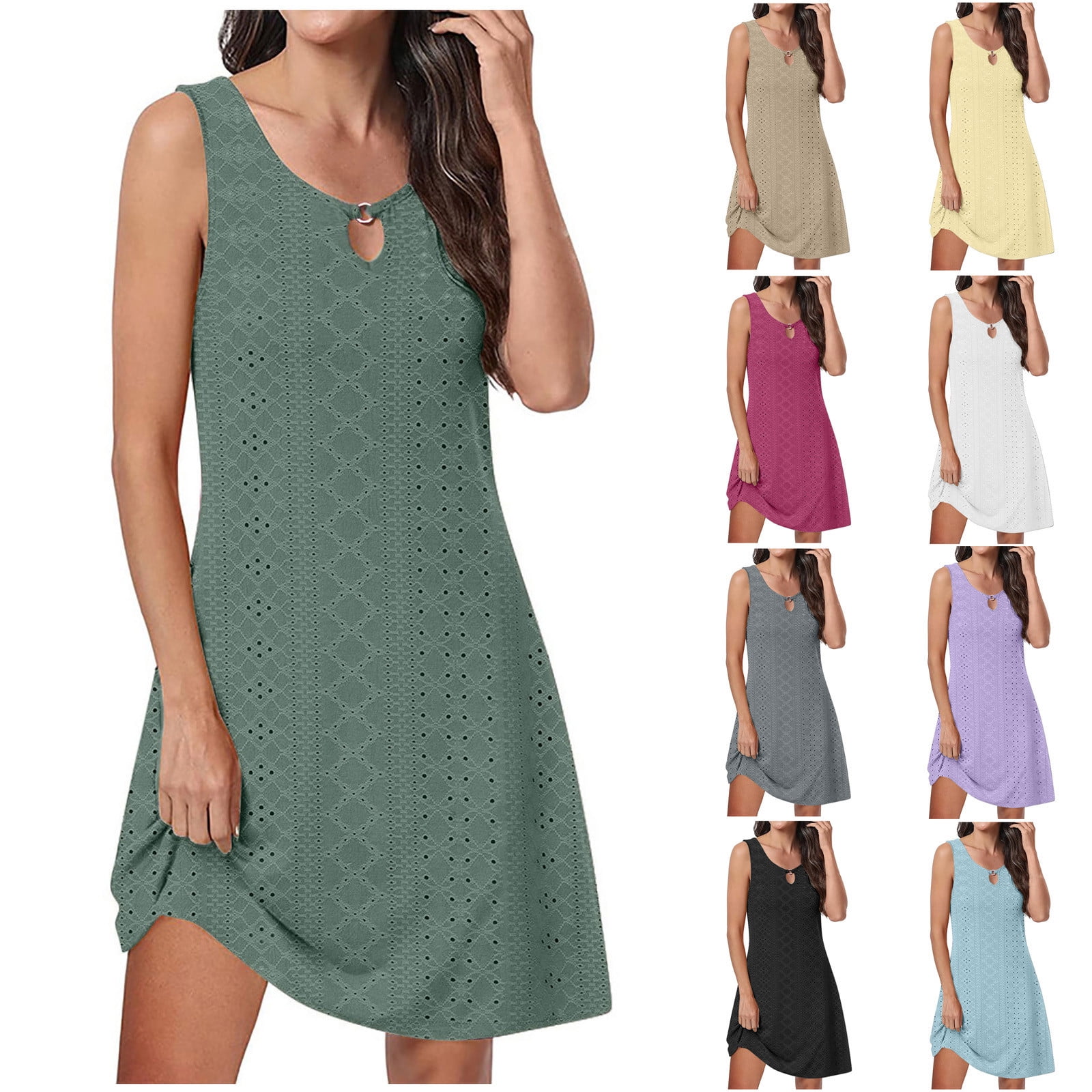 VBTAPA Womens Keyhole Summer Dress Sleeveless Tunic Midi Dress Solid ...