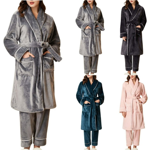 VBTAPA Womens Long Robe Pants Set Soft Warm Plush Pajamas Ladies ...