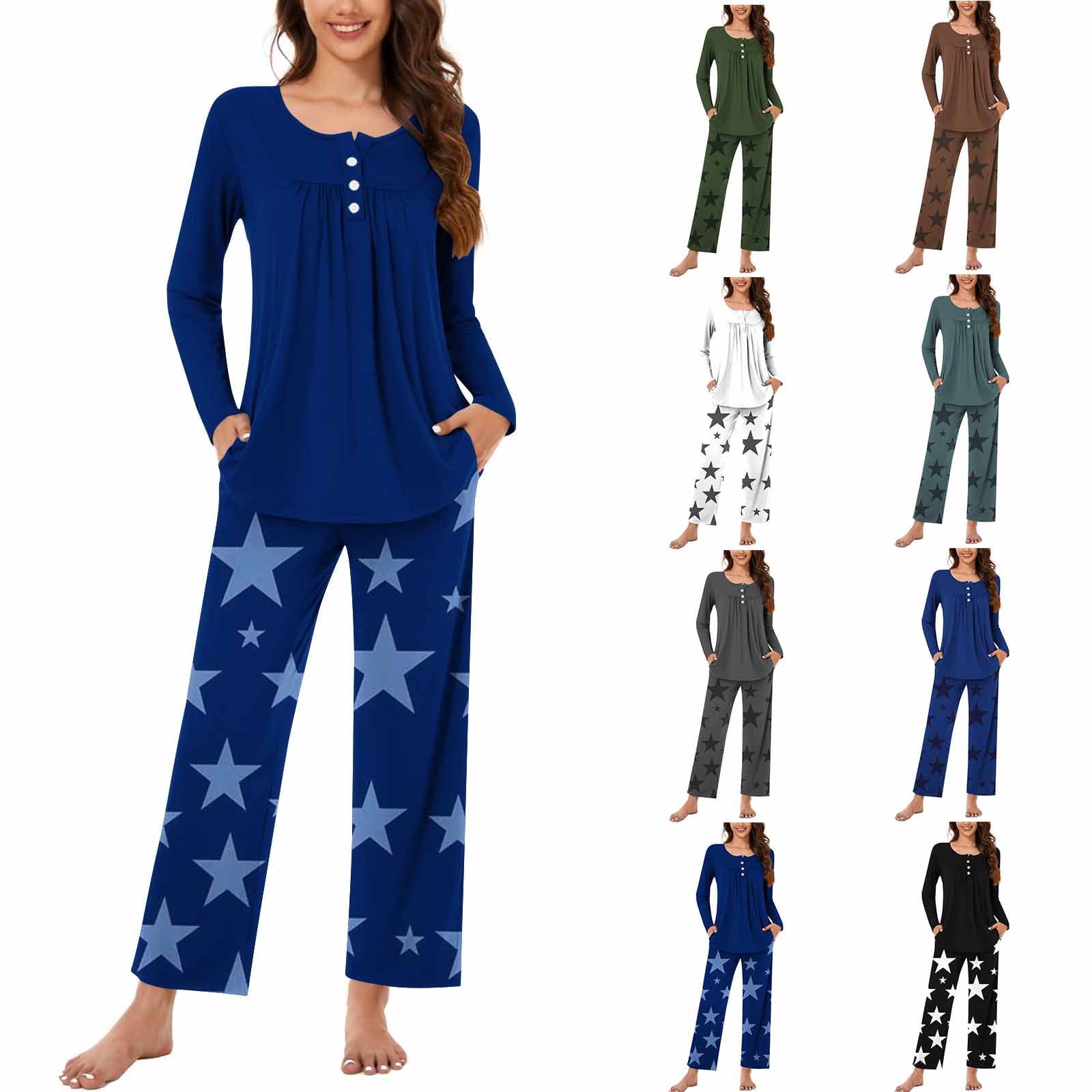VBTAPA Womens Pajama Sets 2 Piece Sleepwear Set Stars Print Long Sleeve ...