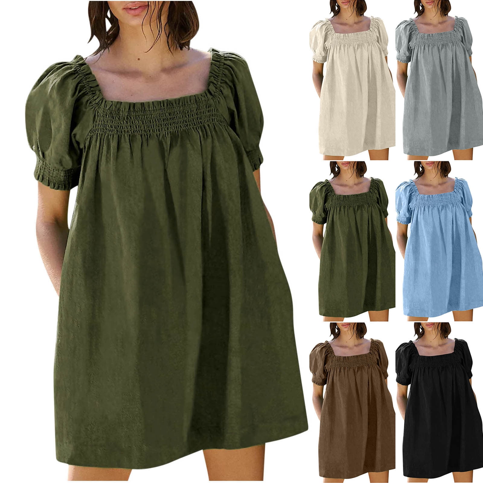 VBTAPA Womens Solid Babydoll Dresses Puff Short Sleeve Square Neck Mini ...