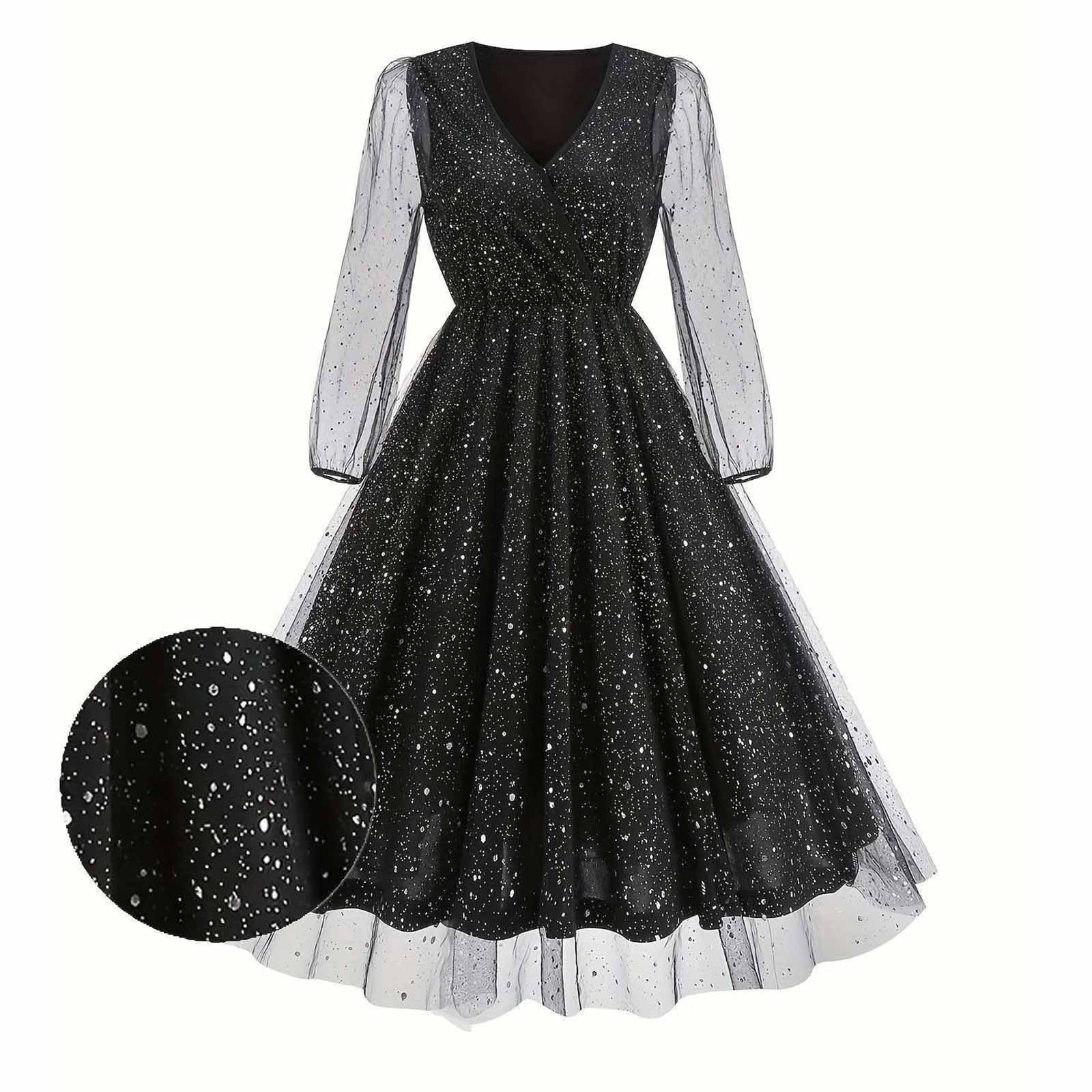 VBVC No Boundaries Women's Vintage Glitter Swing Dress,Mesh Long Sleeve ...