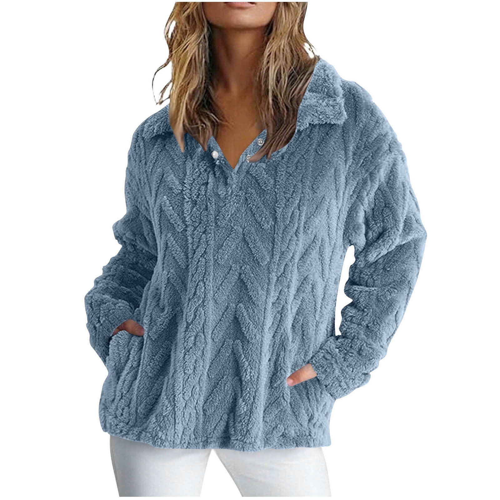 VBVC No Boundaries Women's V-Neck Pullover Tops,Fuzzy Fleece Button ...