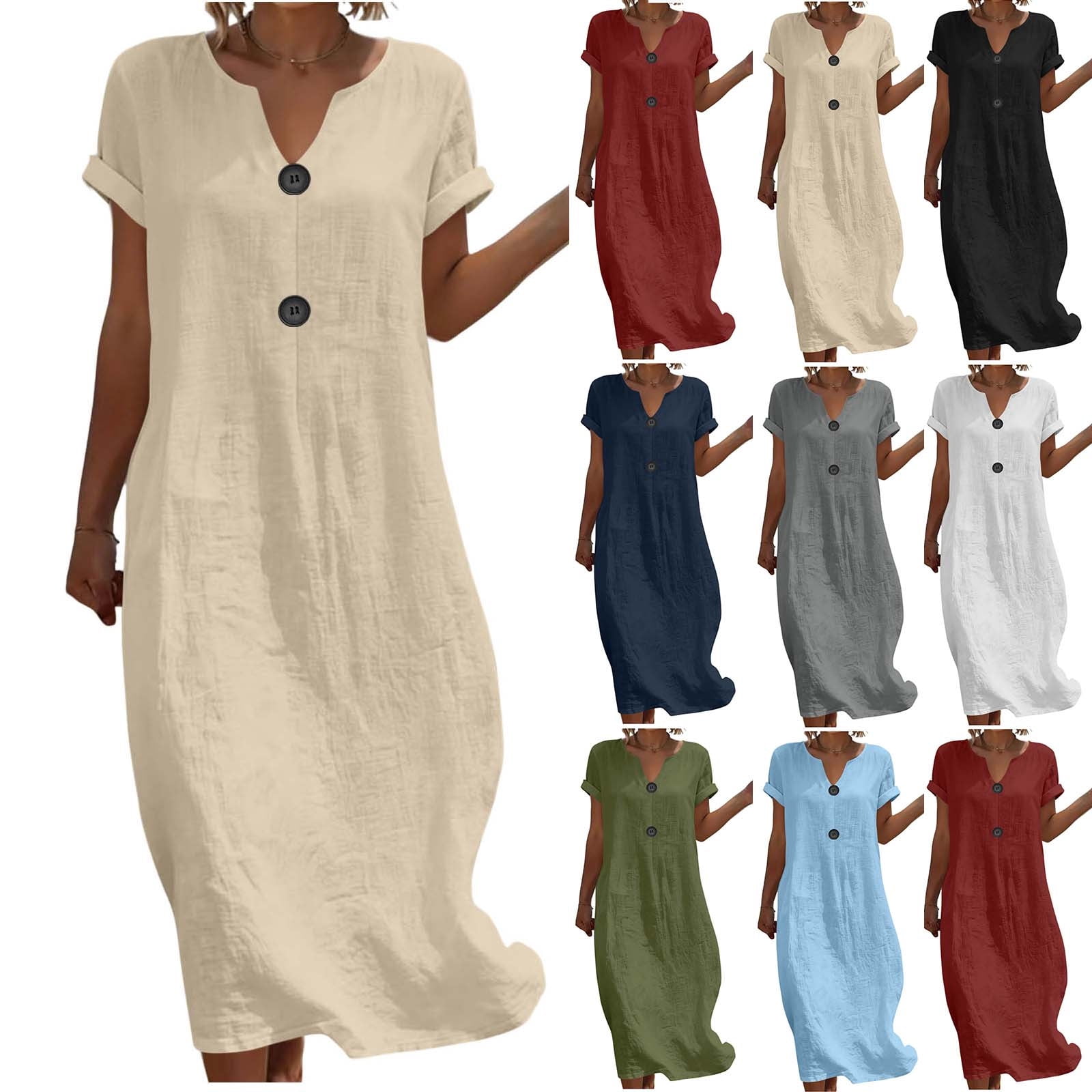 VBVC Women's Cotton Linen Short Sleeve Maxi Dress , Summer Casual ...