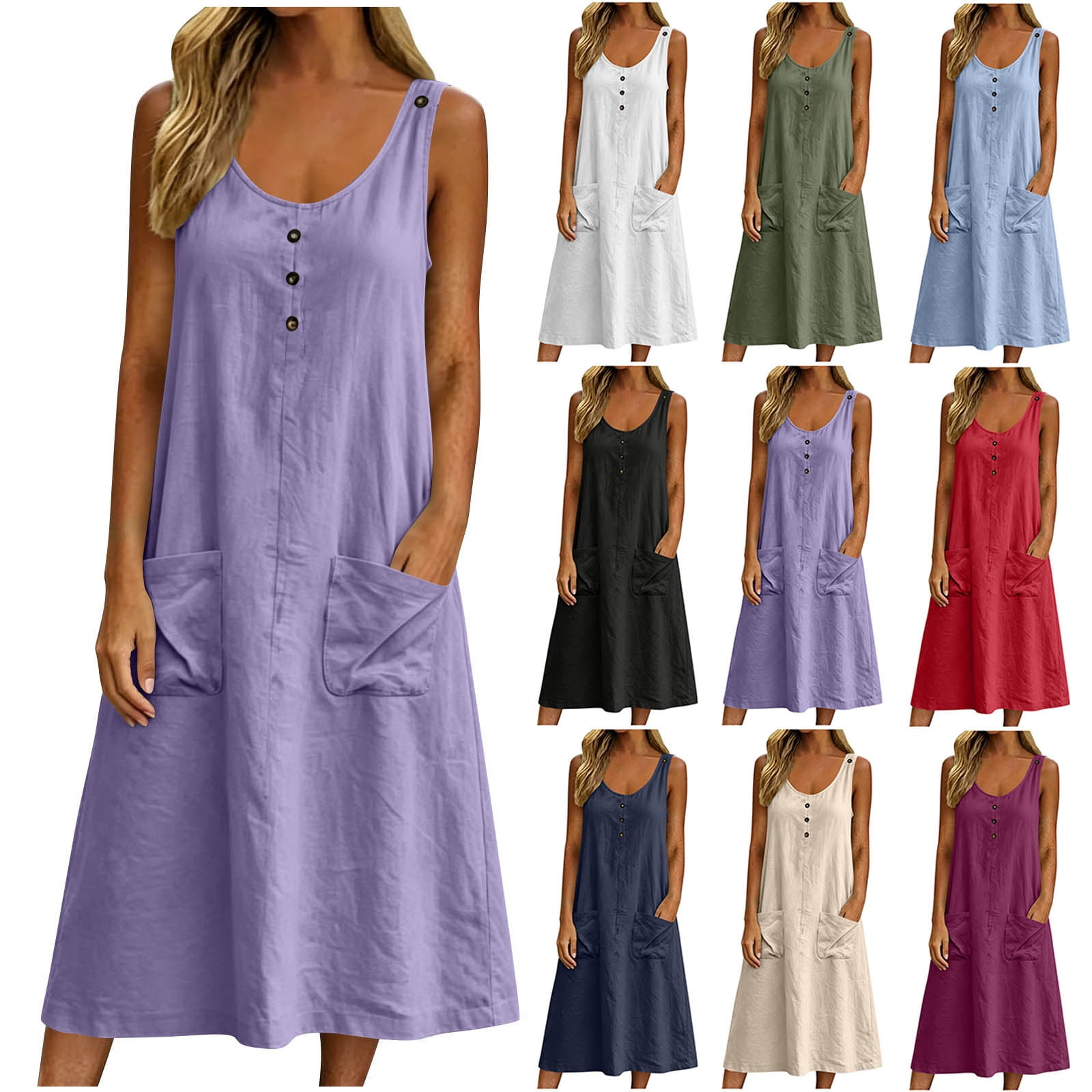 VBVC Women's Cotton Linen Sleeveless Midi Dress , Summer V-Neck Dresses ...
