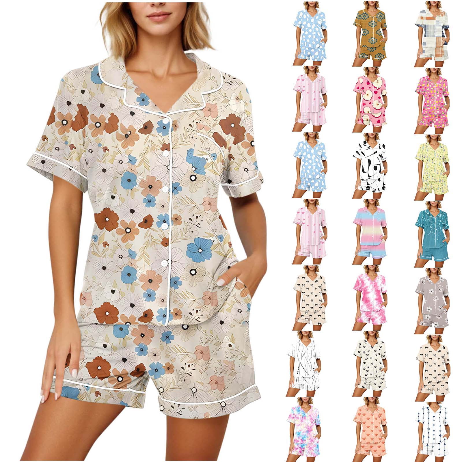 VBVC Women's Floral Print 2-Piece Pajama Set, Ladies' Notch Collar ...