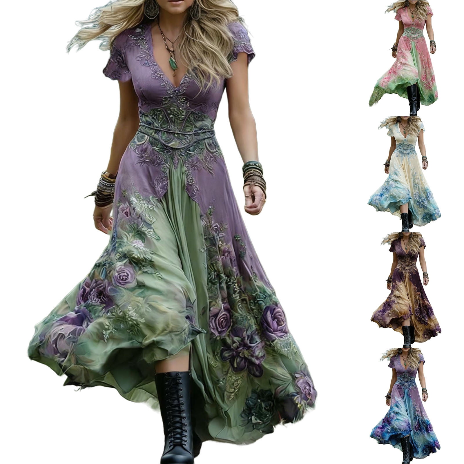 VBVC Women's Floral Print V-Neck Boho Maxi Dress,Ladies Short Sleeve ...