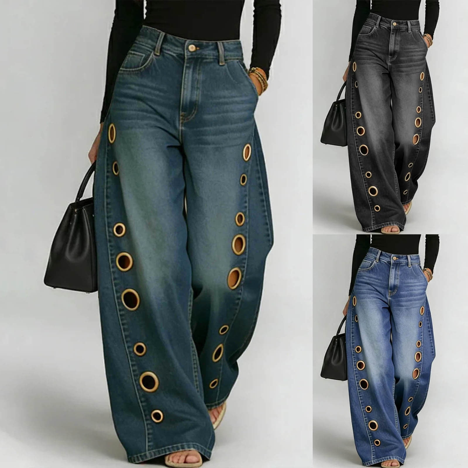 VBVC Women's High Waisted Eyelet Wide Leg Jeans , Vintage Streetwear ...