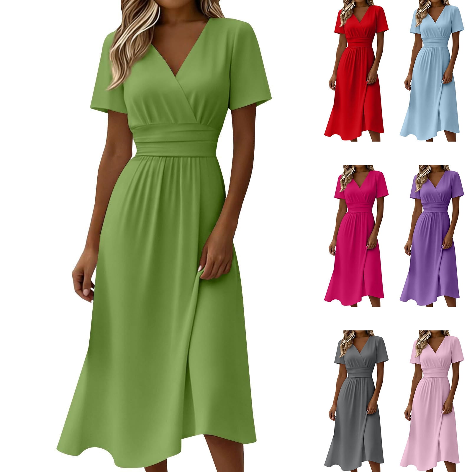VBVC Women's Stretchy Wrap V-Neck Midi Dress , Ladies' Short Sleeve ...