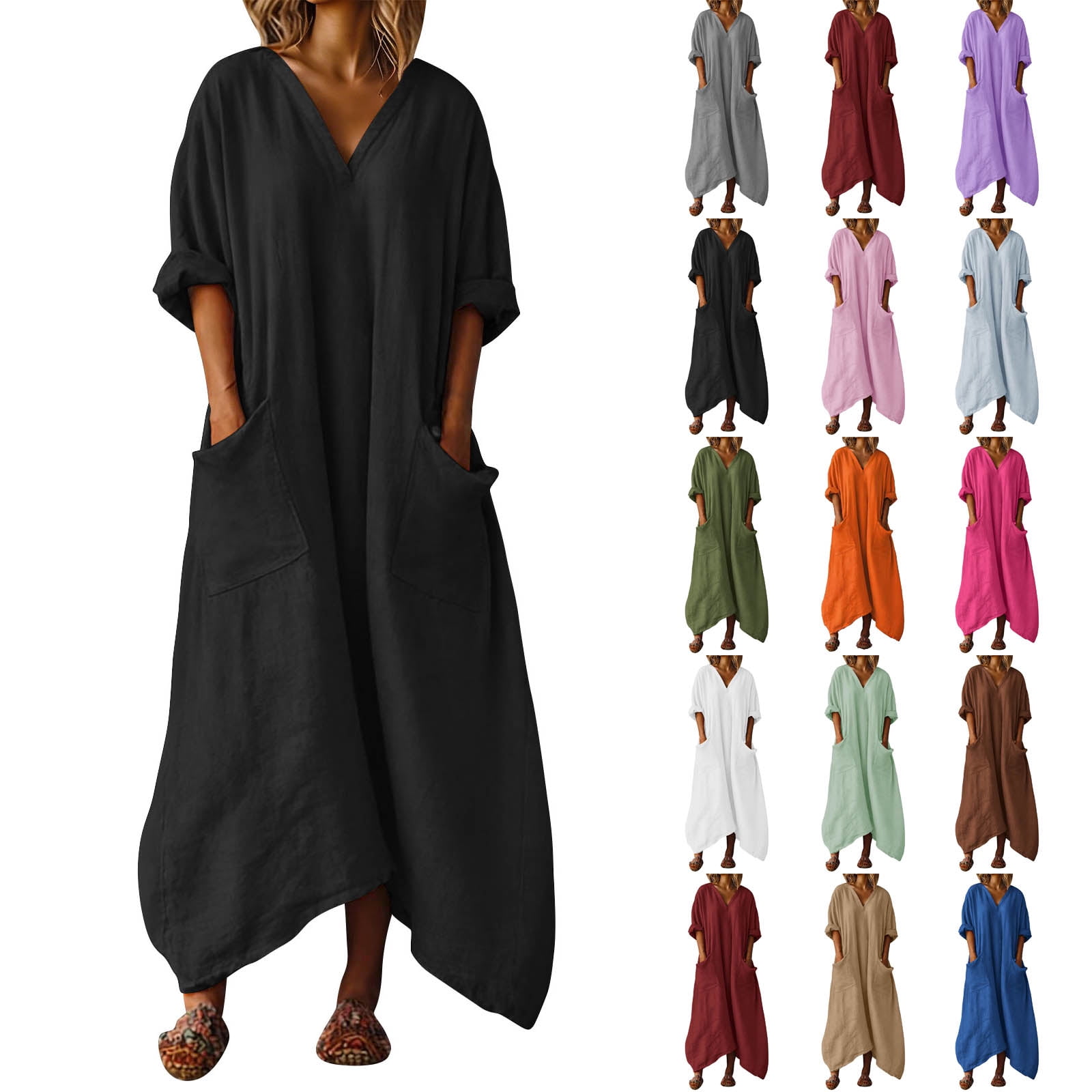 VBVC Women's V-Neck Cotton-Linen Maxi Dress,Ladies 3/4 Sleeve ...