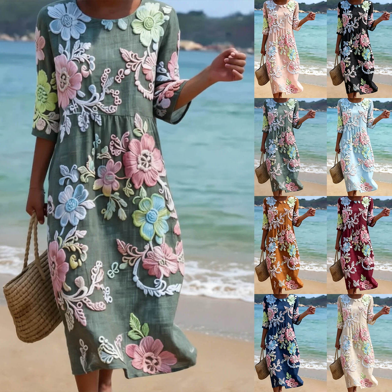 VBVC Women's and Women's Plus 3/4 Sleeve Midi Dress, Summer Casual Crew ...