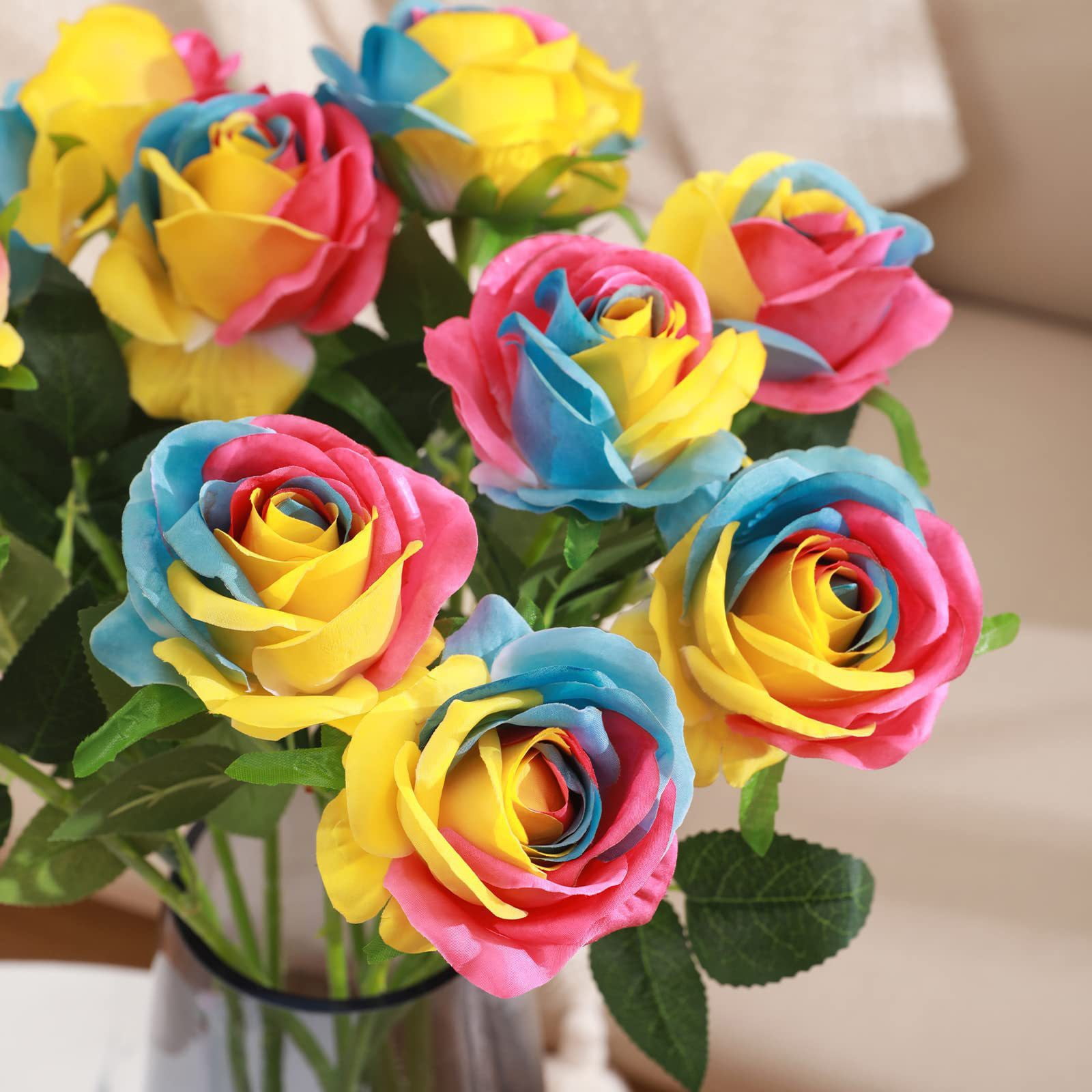 VBXOAE 16-Pack Multicolor Cloth Artificial Roses with Long Stems-Real ...