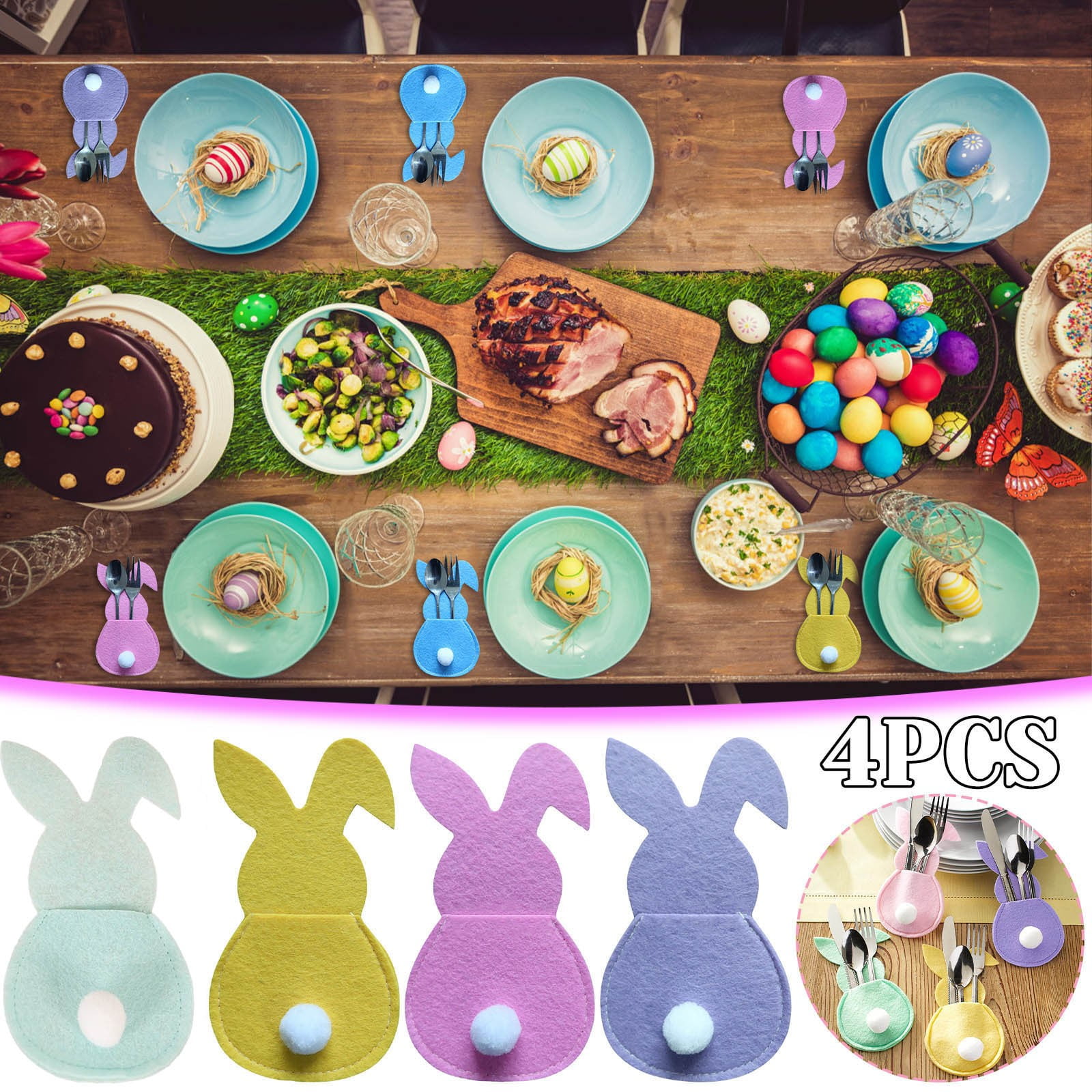 VBXOAE Easter Bunny Utensil Set with 4 Reusable Cutlery Bags for ...