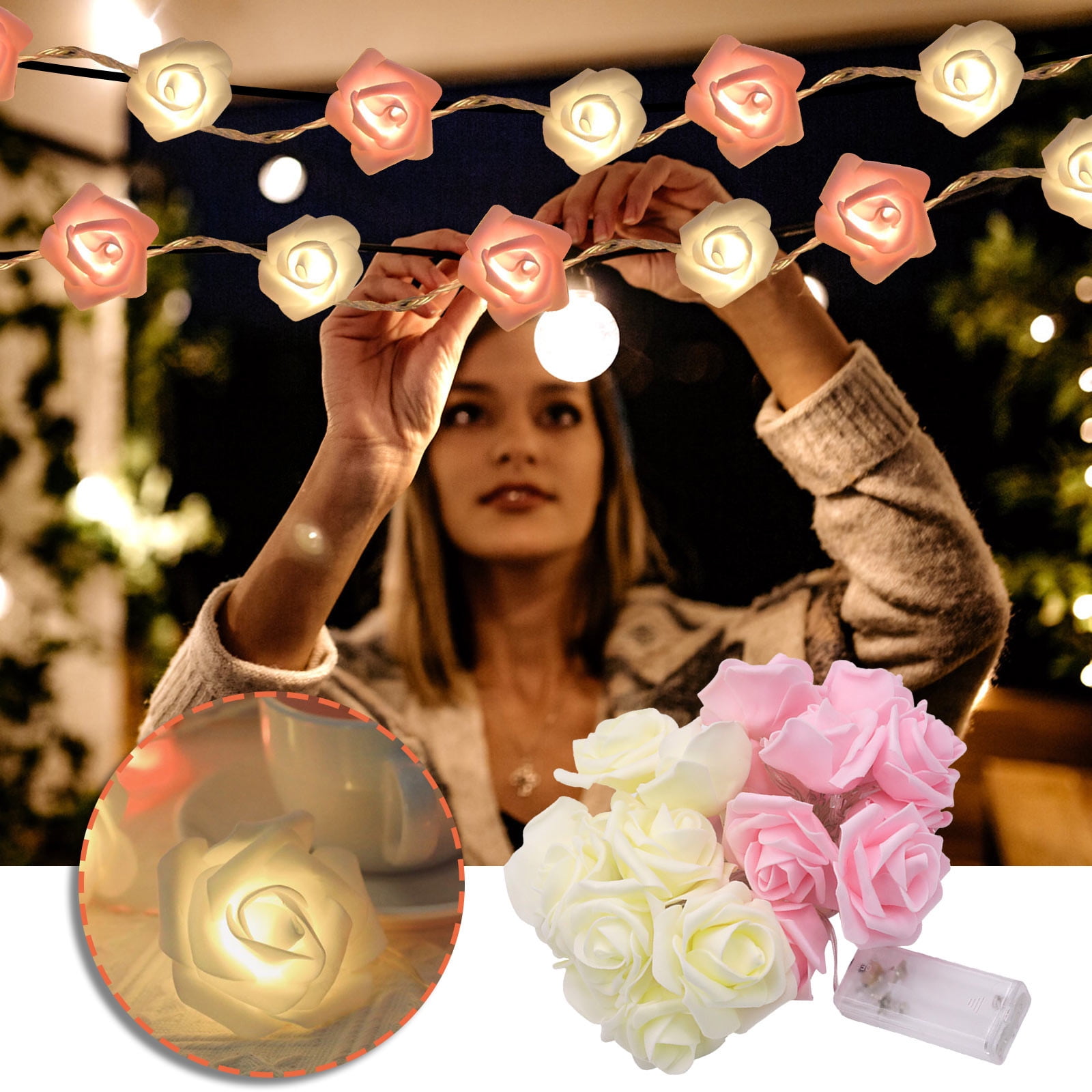 VBXOAE USB & Battery Operated LED Rose Flower String Lights-Remote Control,RomAntic Decor for ...