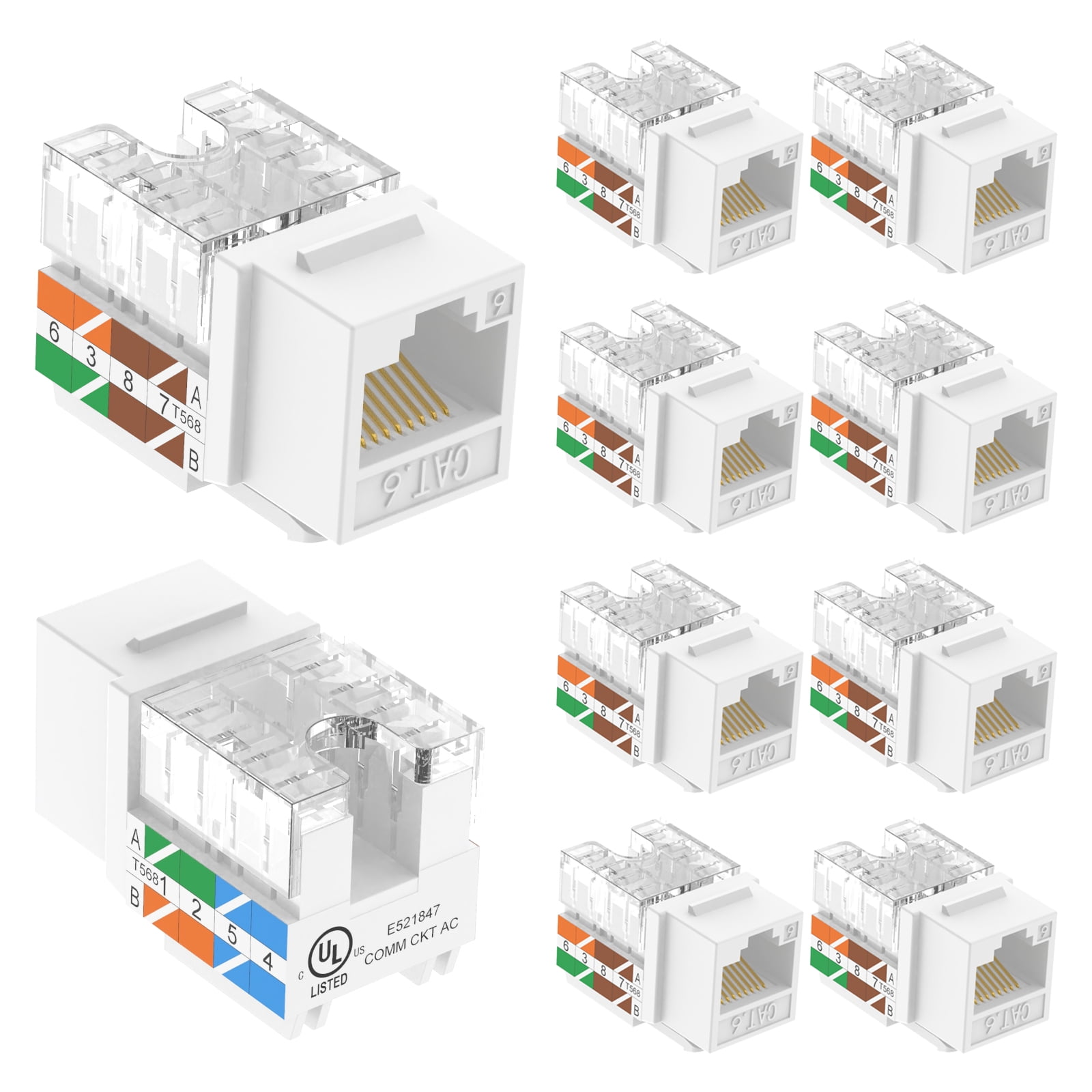 VCELINK 10-Pack RJ45 Cat6 Keystone Jacks, Slim Profile, 90-Degree, UL-Listed, White Ethernet ...