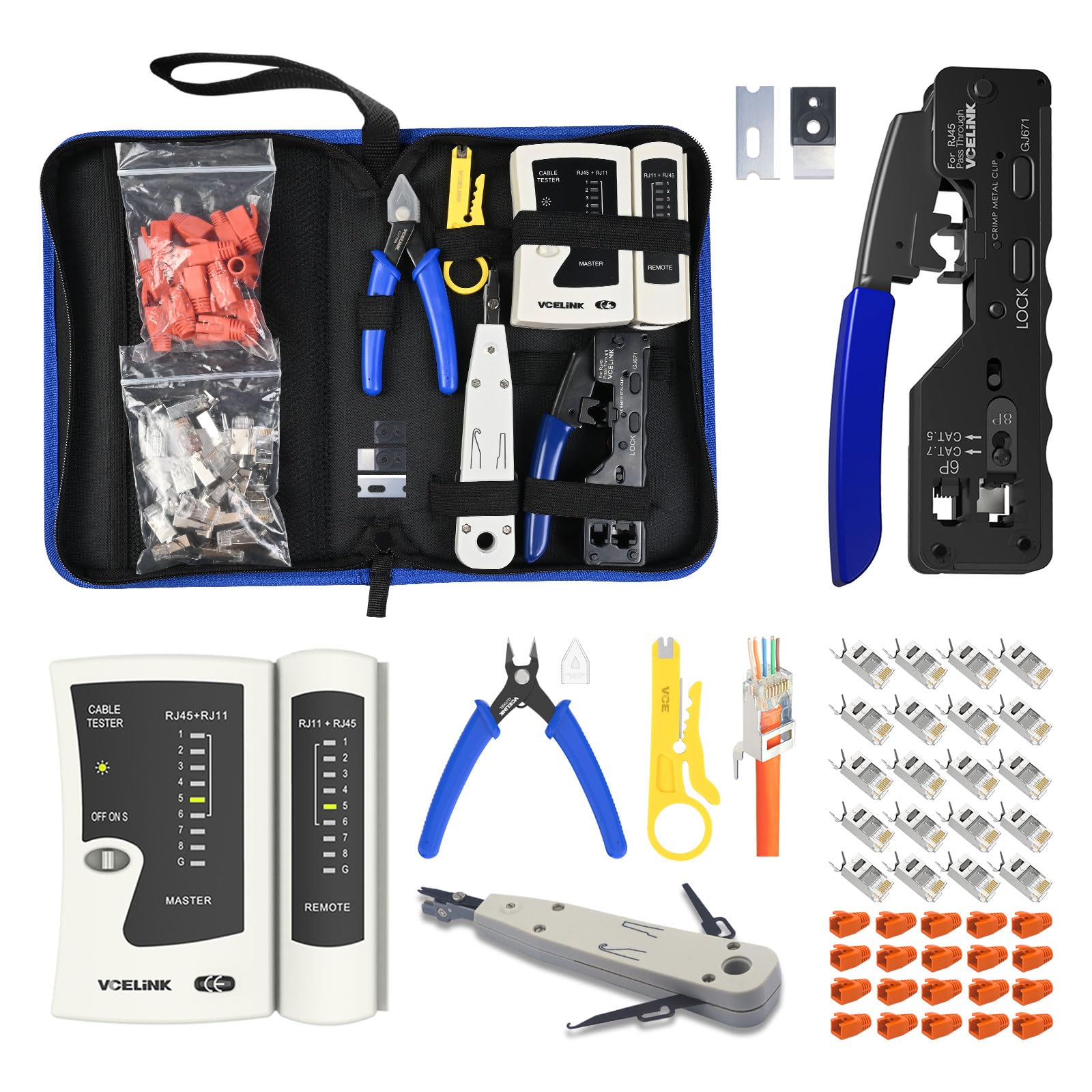 VCELINK RJ45 Crimp Tool Kit for Cat6/Cat7, All-In-One Network Crimper with RJ45 Cat6a/Cat7 Pass ...