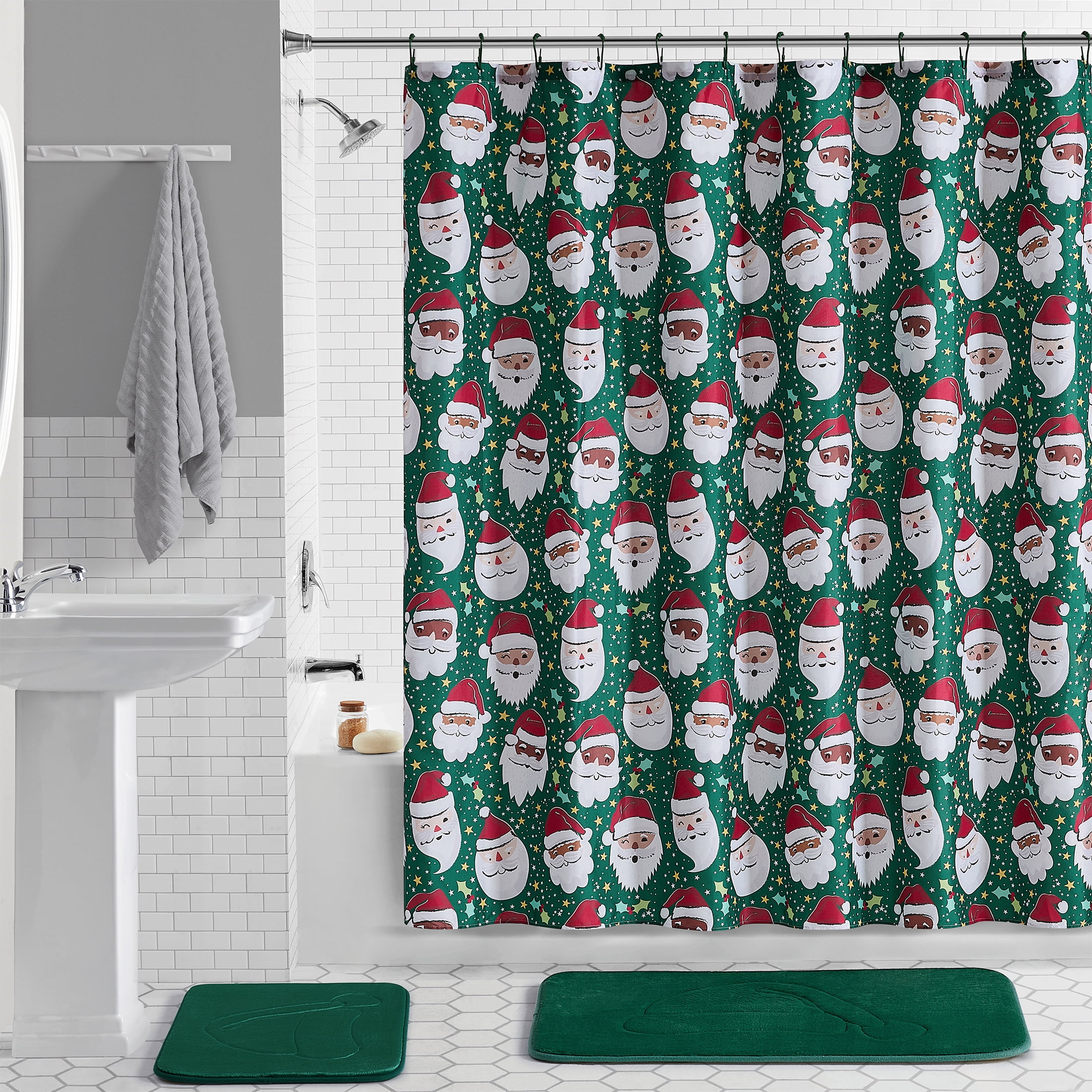 VCNY Home Holiday 15-Piece Christmas Party Santa Shower Curtain Bath ...
